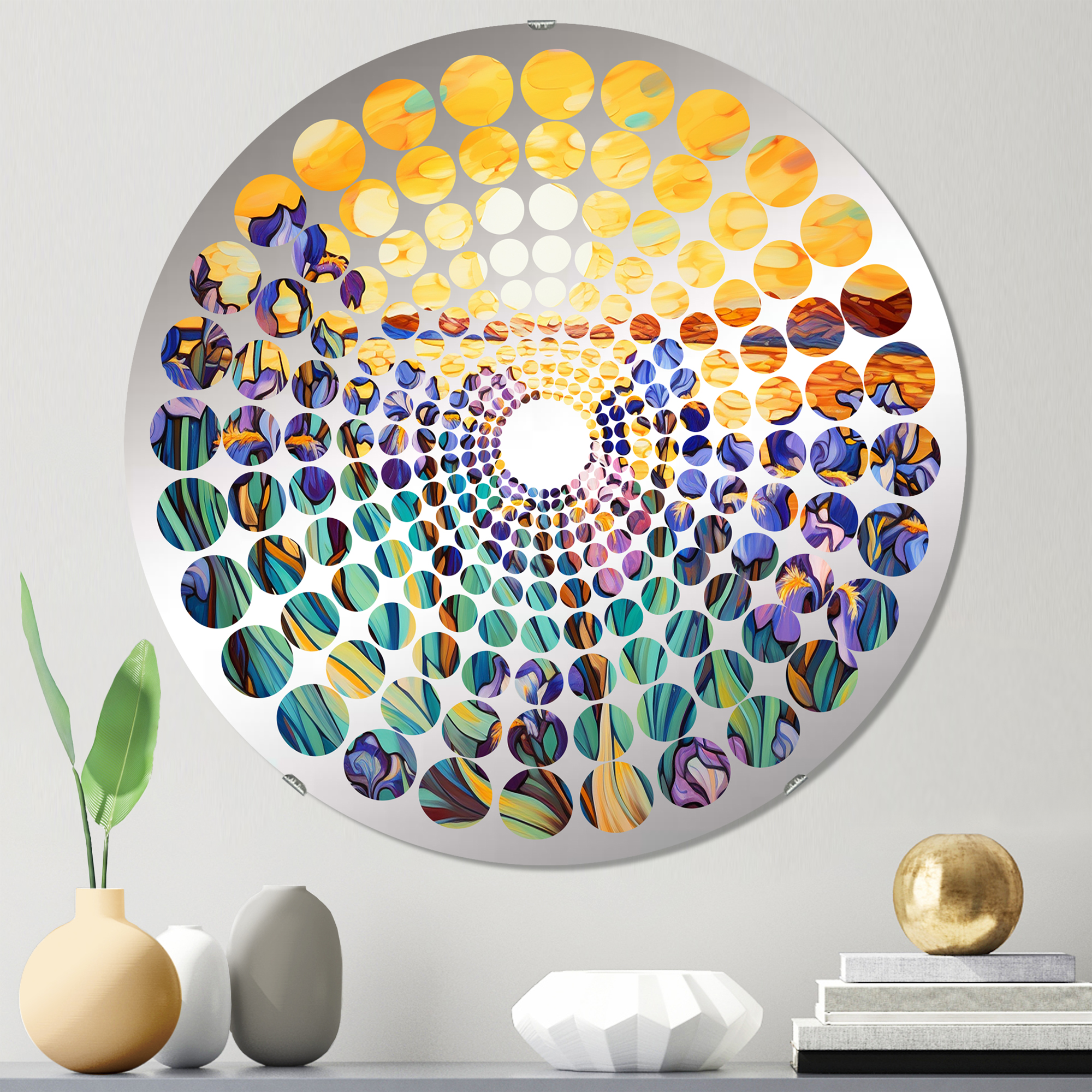Designart "Lakeside Blue Iris Brilliance II" Flower Field Radial Dot Round Wall Mirror - Floral ...