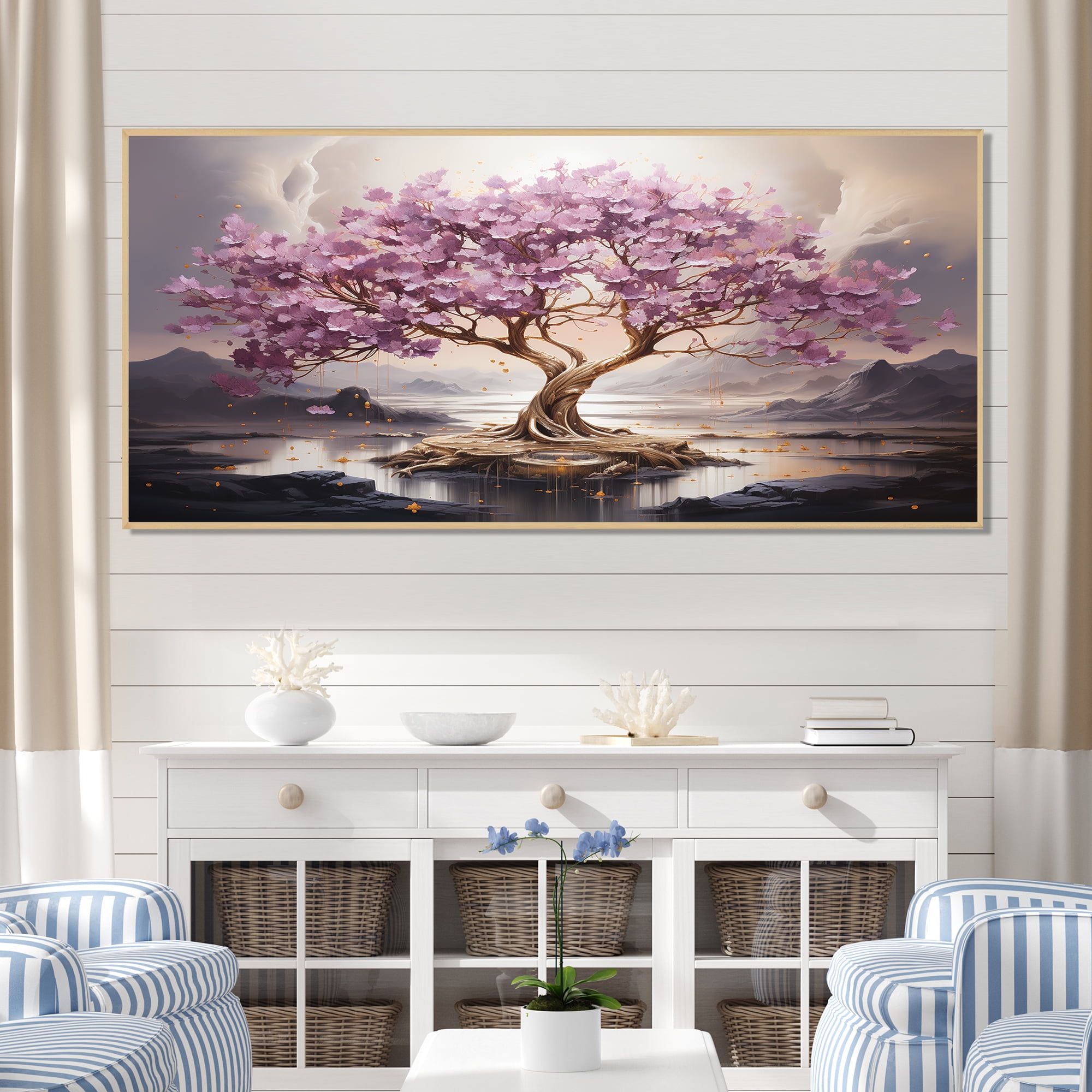 Designart "Lakeside Charm Purple Cherry Blossom Tree I" Oversized ...