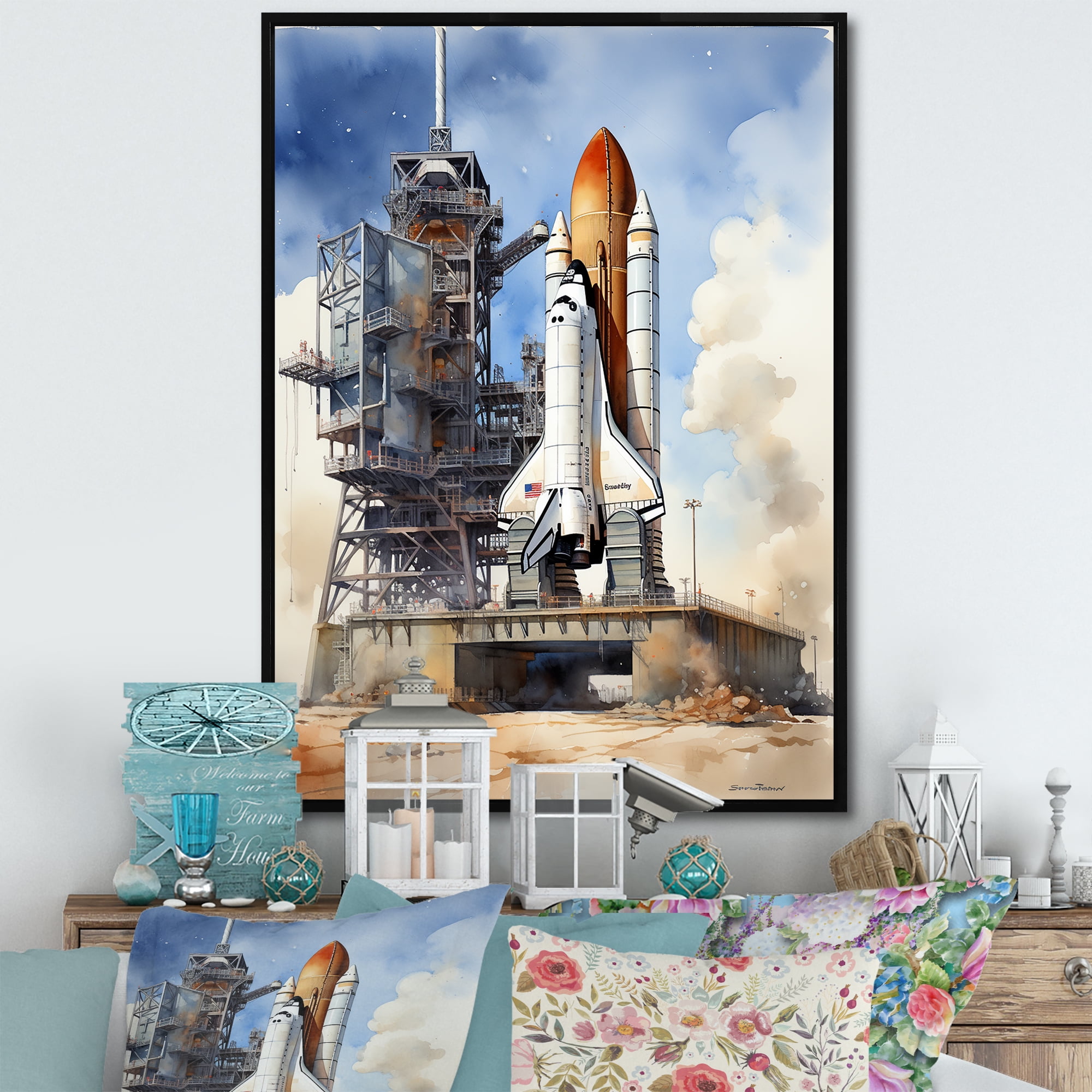 Designart "Launch of the Space Shuttle I" Space Shuttle Floater Framed ...