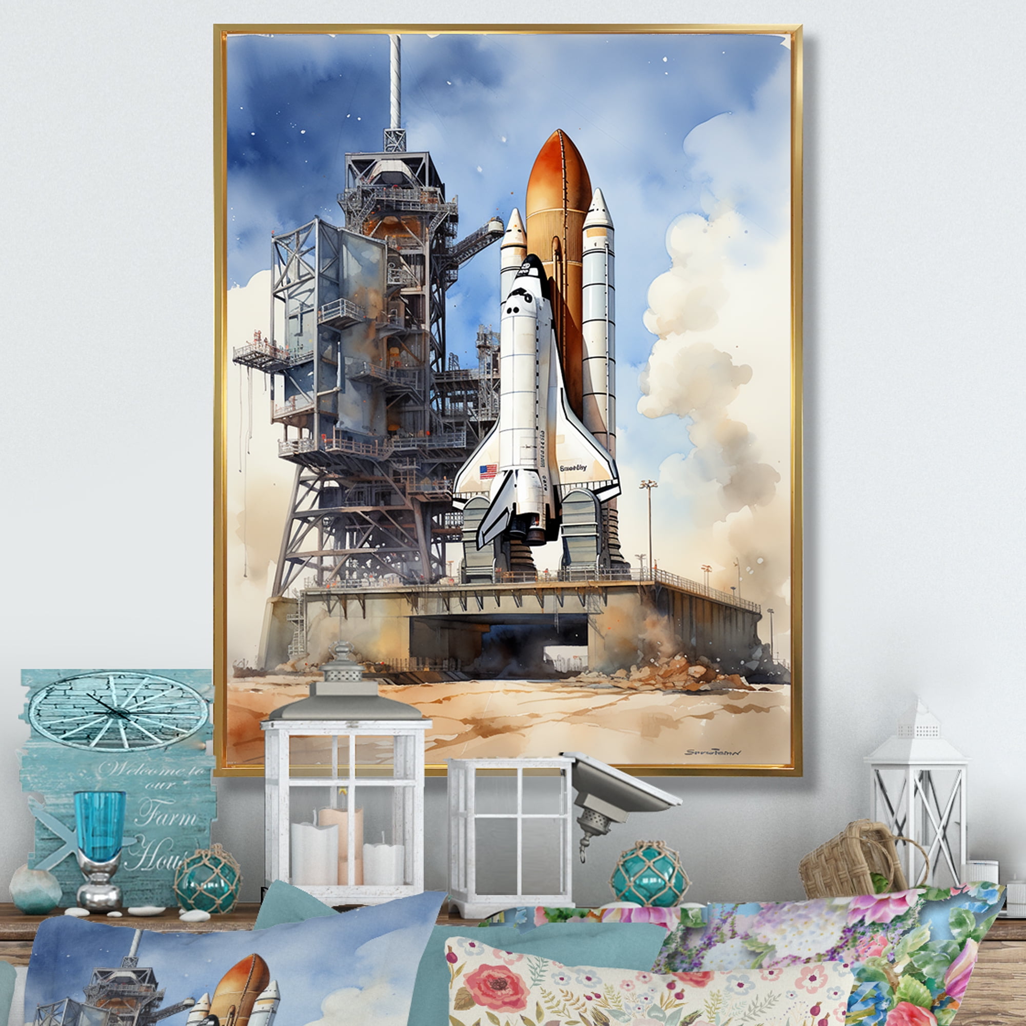 Designart "Launch of the Space Shuttle I" Space Shuttle Floater Framed ...