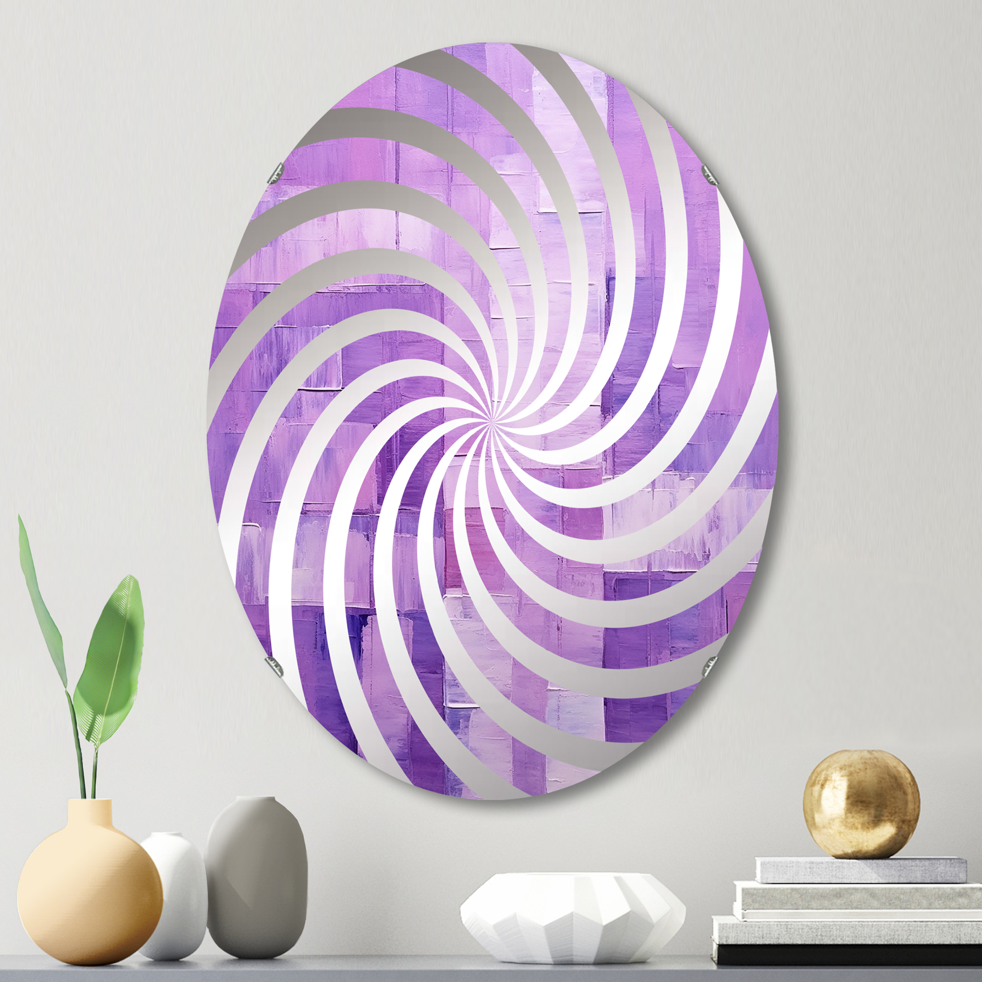 Designart "Lavender Abstract Lines in Art Deco Style" Modern Geometric Vortex Round Wall Mirror ...