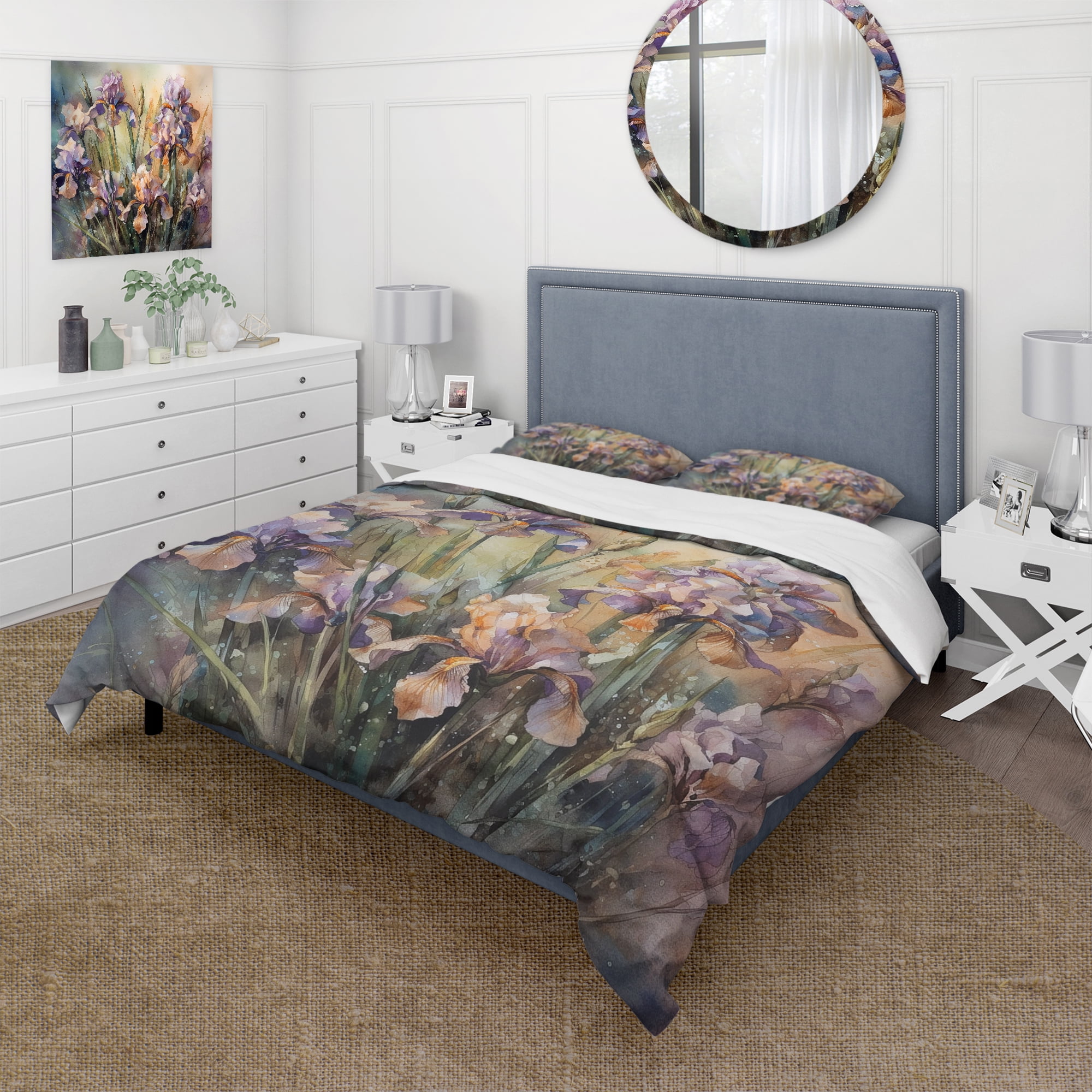 Designart "Lavender Emerald Floral Elegance II" Floral Irises Bedding ...