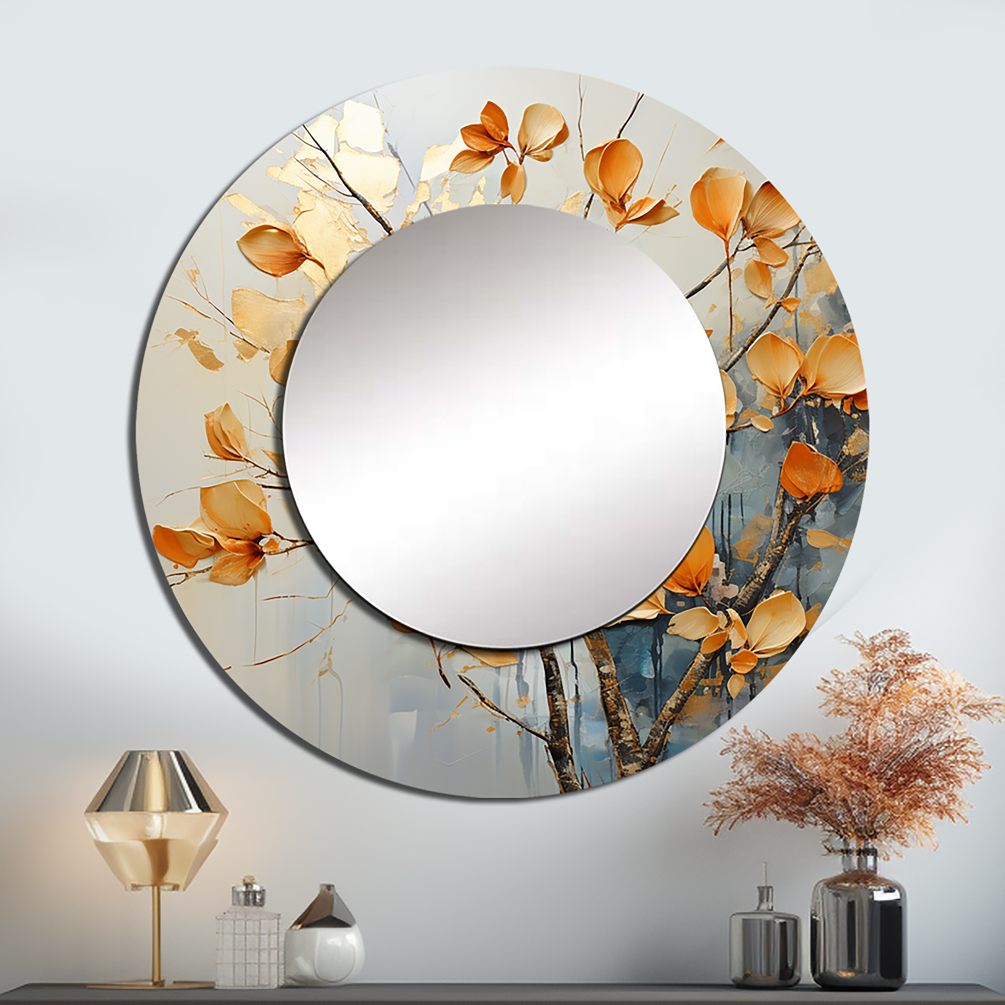 Designart "Leaves in the Breeze with Gold and Orange I" Leaves Rund ...