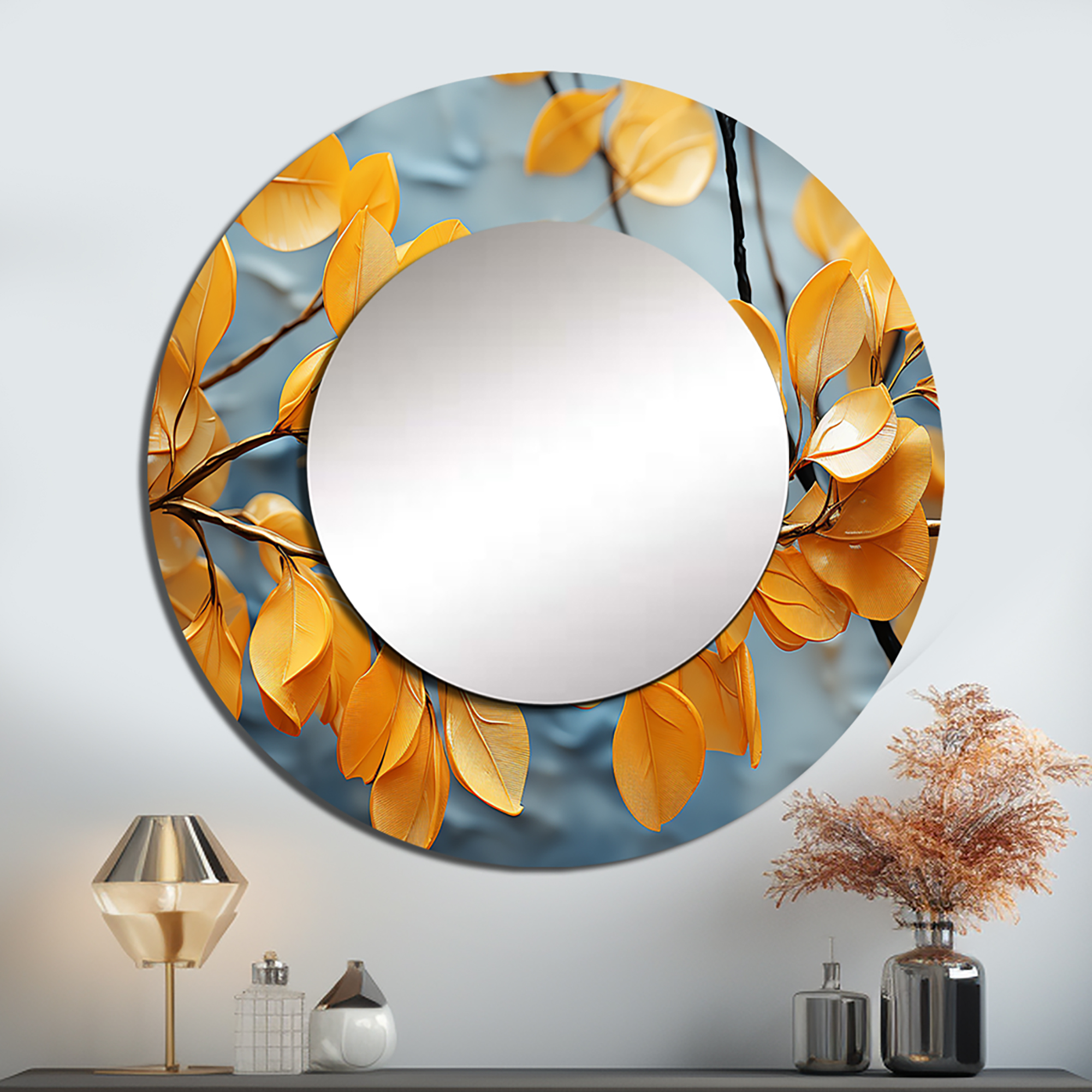 Designart "Leaves Gilded in Golden Hues I" Leaves Round Mirror Wall ...