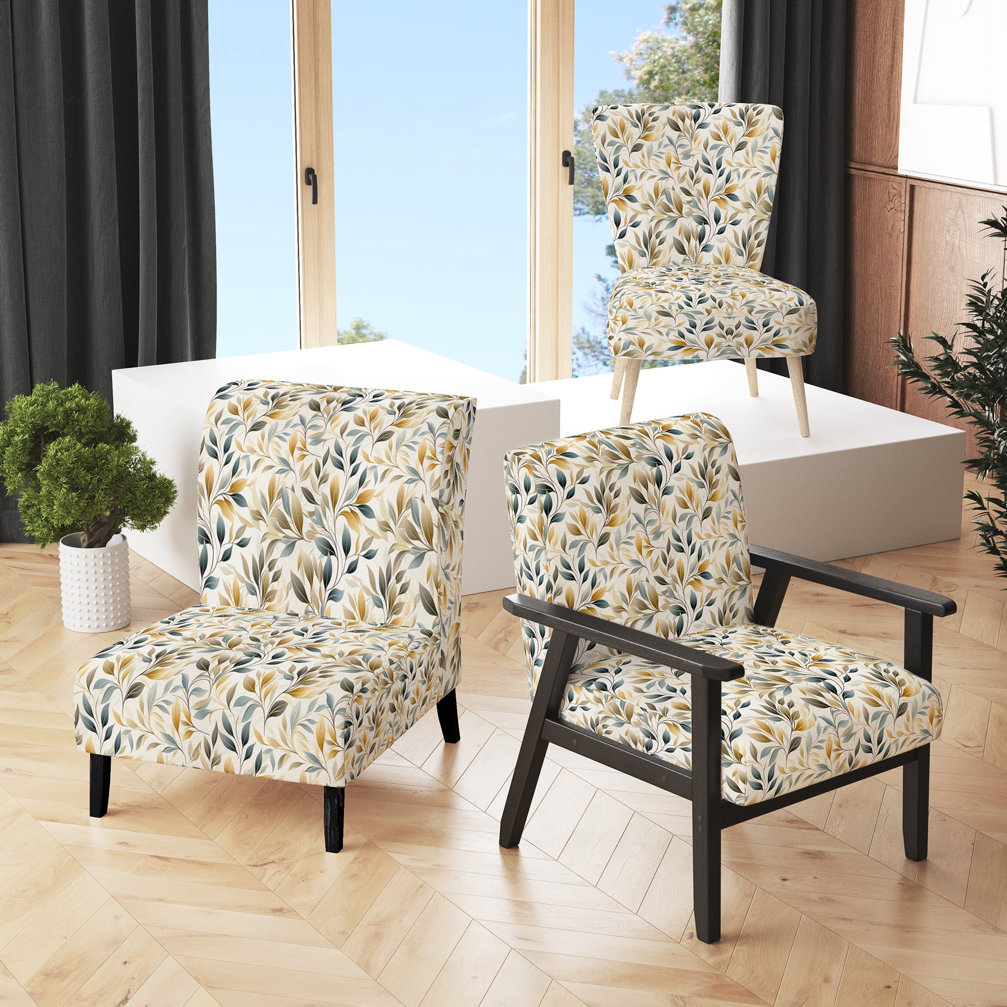 Designart "Leaves In Neutral Tones II" Green Neutral Leaves Upholstered ...
