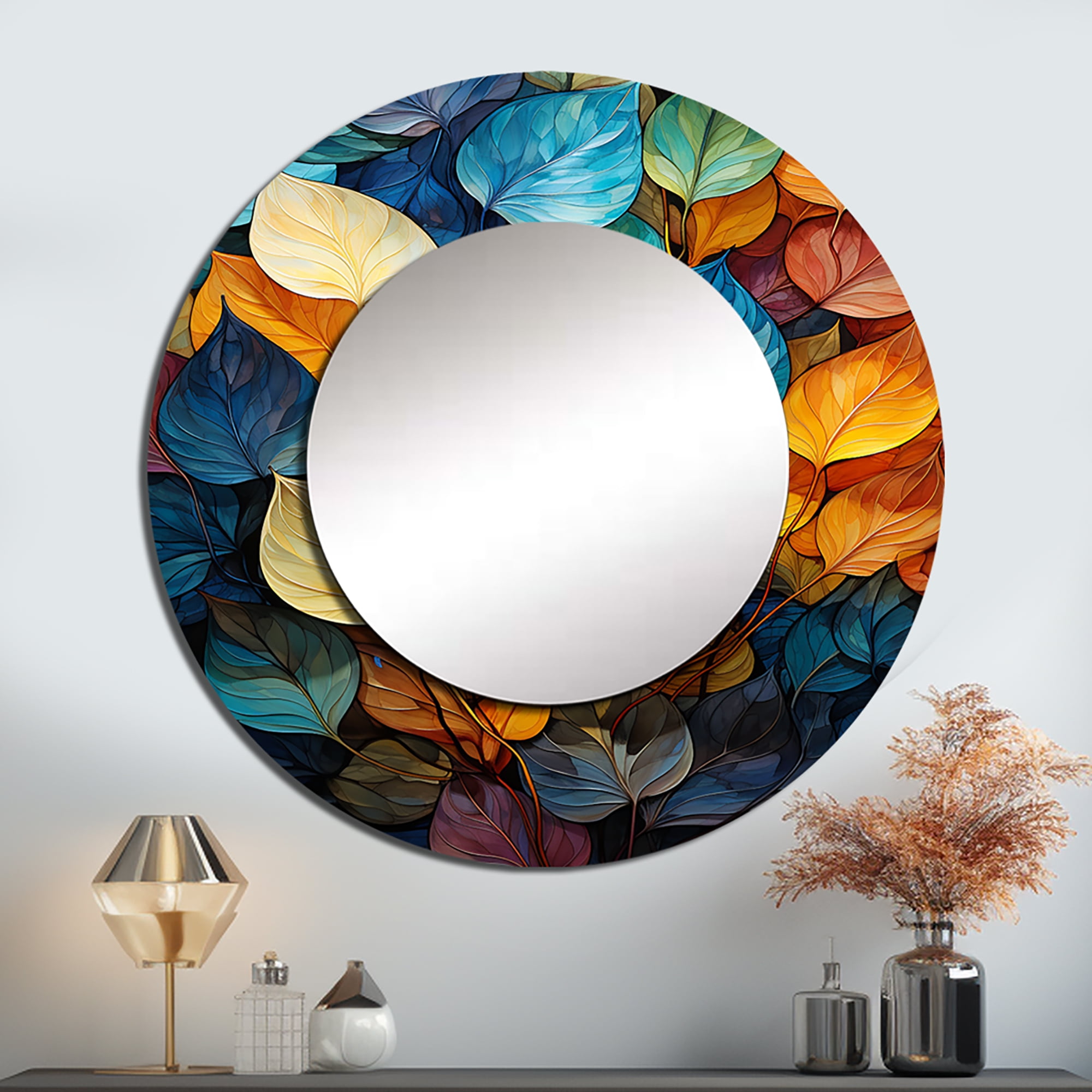Designart "Leaves in a Magical Spectrum of Colors I" Leaves Round ...