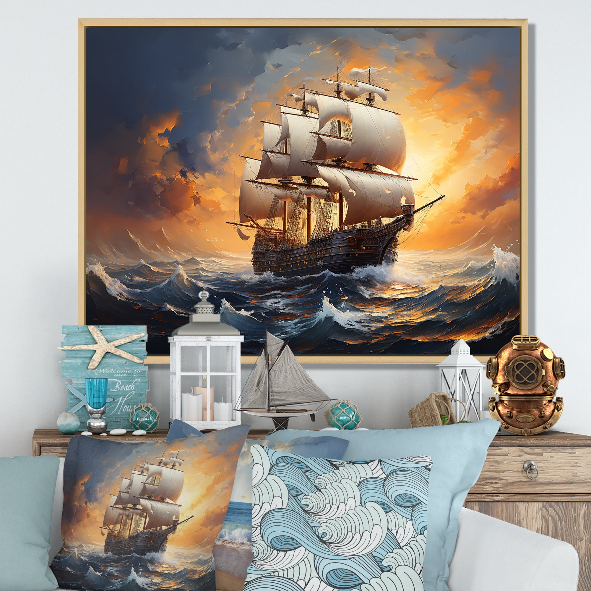 Designart "Legacy of the Caribbean Pirate Ship III" People Framed Wall ...