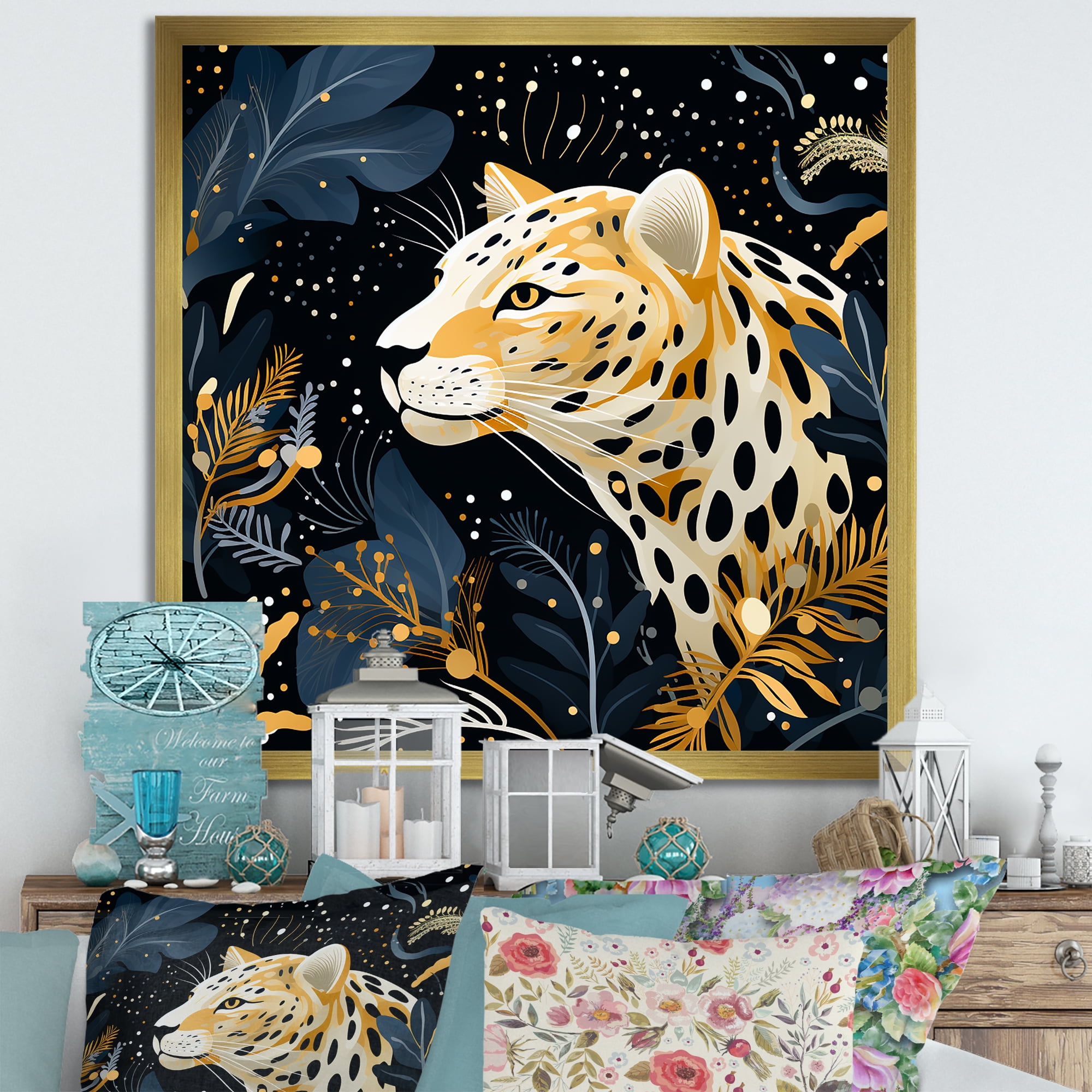 Designart "Leopard Collage in Yellow and Blue I" Animals Framed Wall ...