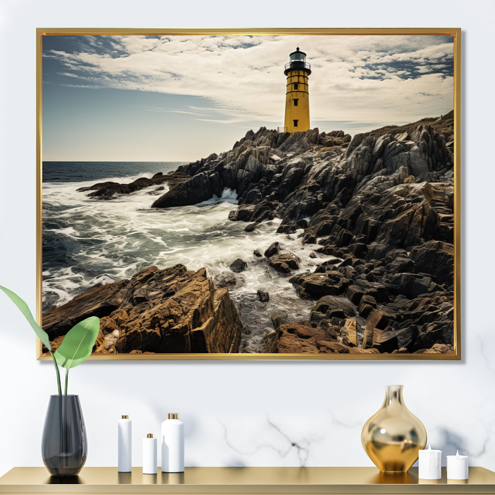 Designart "Lighthouse Photo Grey and Yellow Serenity I" Nautical ...