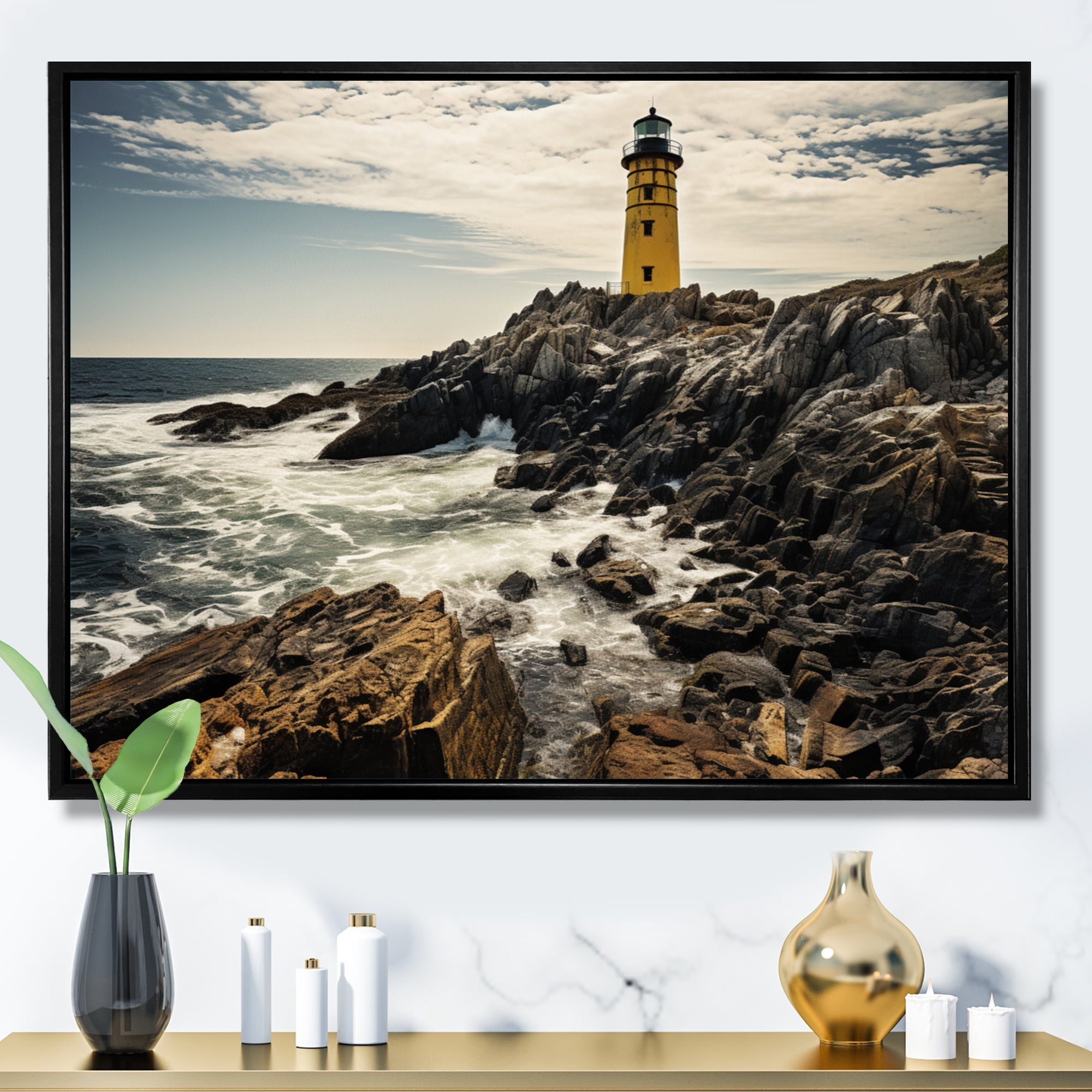 Designart "Lighthouse Photo Grey and Yellow Serenity I" Nautical ...