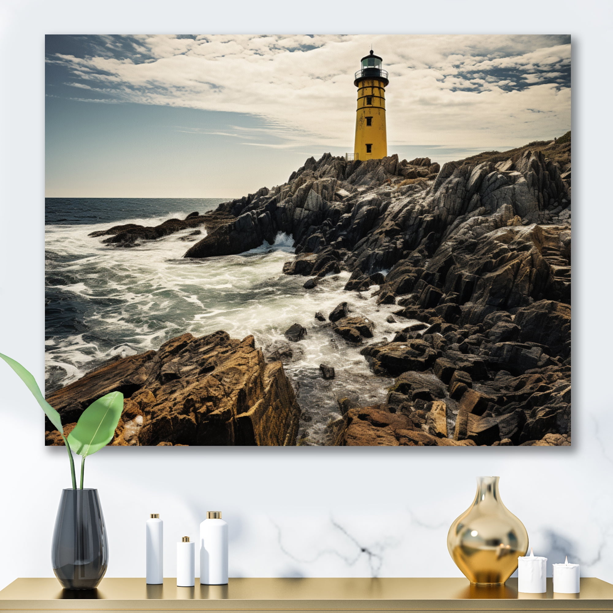 Designart "Lighthouse Photo Grey and Yellow Serenity I" Nautical ...