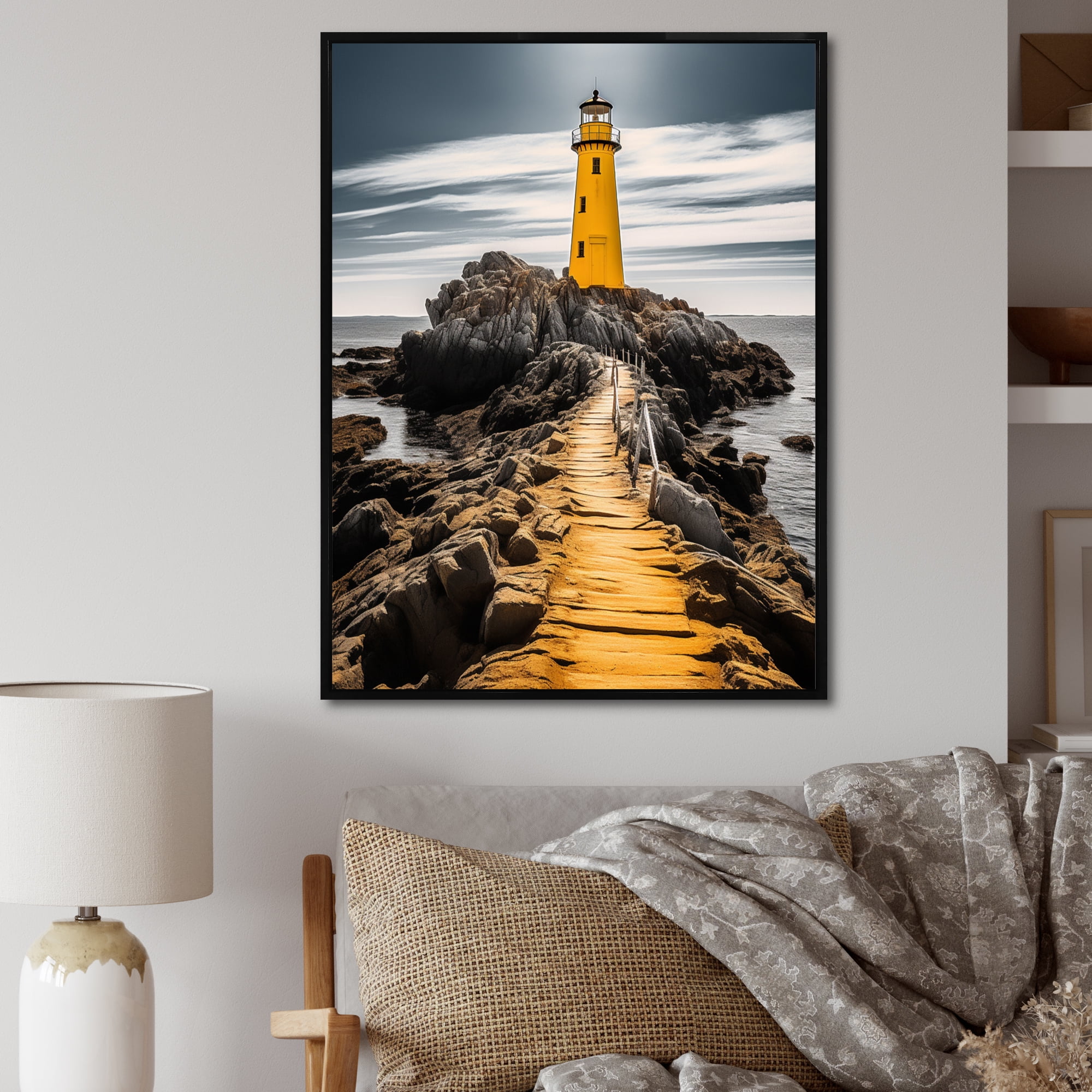 Designart "Lighthouse Photo Grey and Yellow Serenity II" Nautical ...