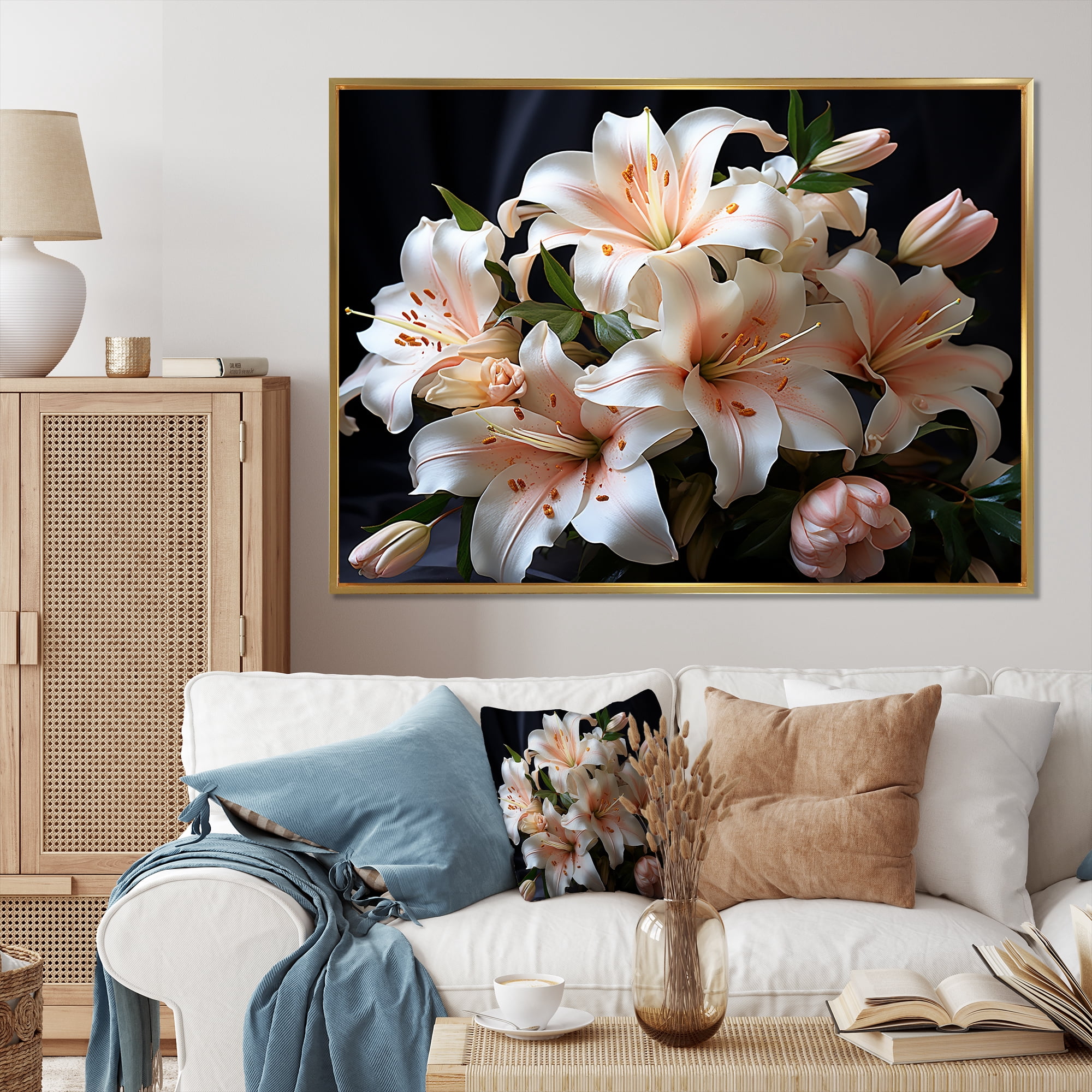 Designart "Lilies Elegant Peach White painting I" Floral Floater Framed ...