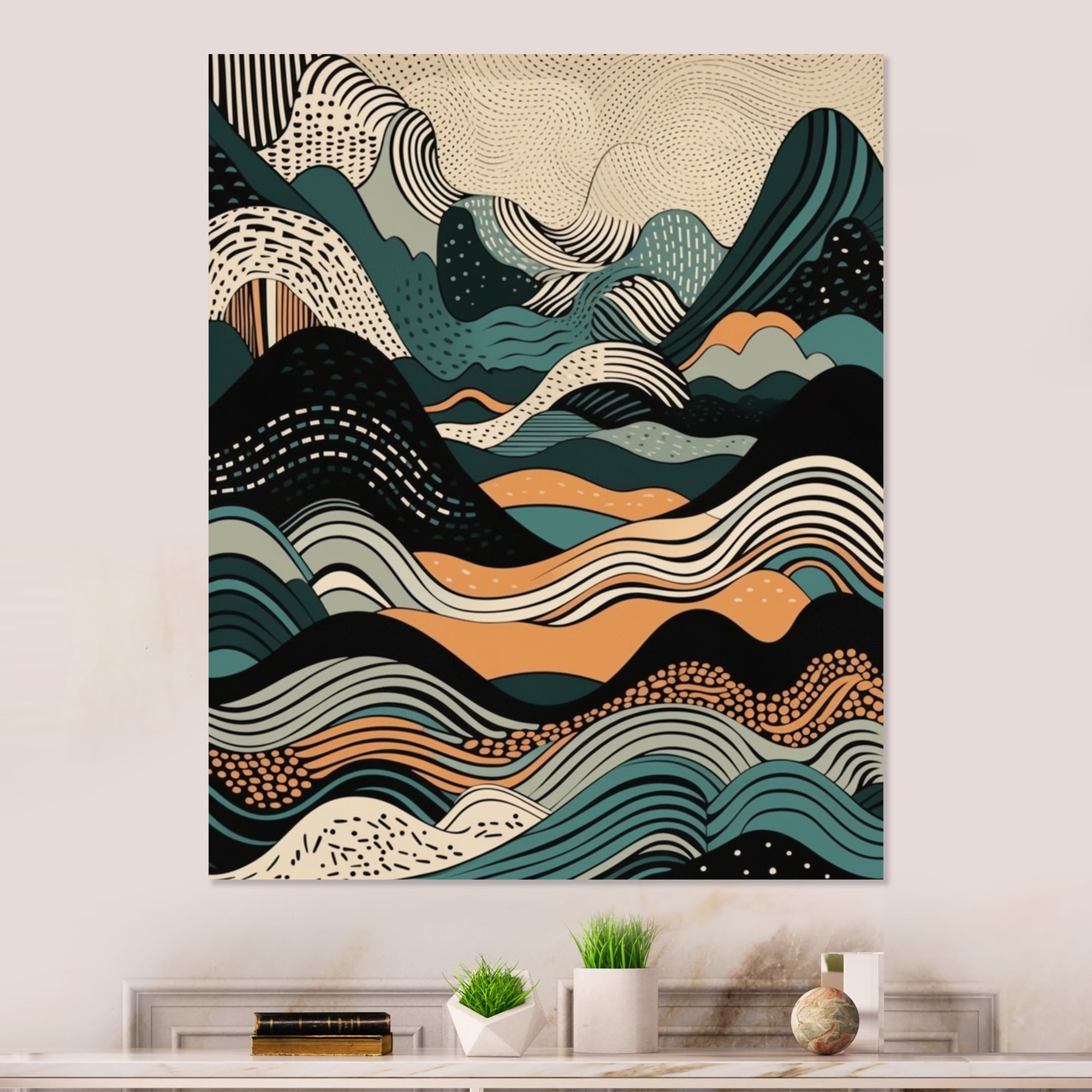 Designart "Line Art Elegance in Teal and Black II" Abstract Shapes ...