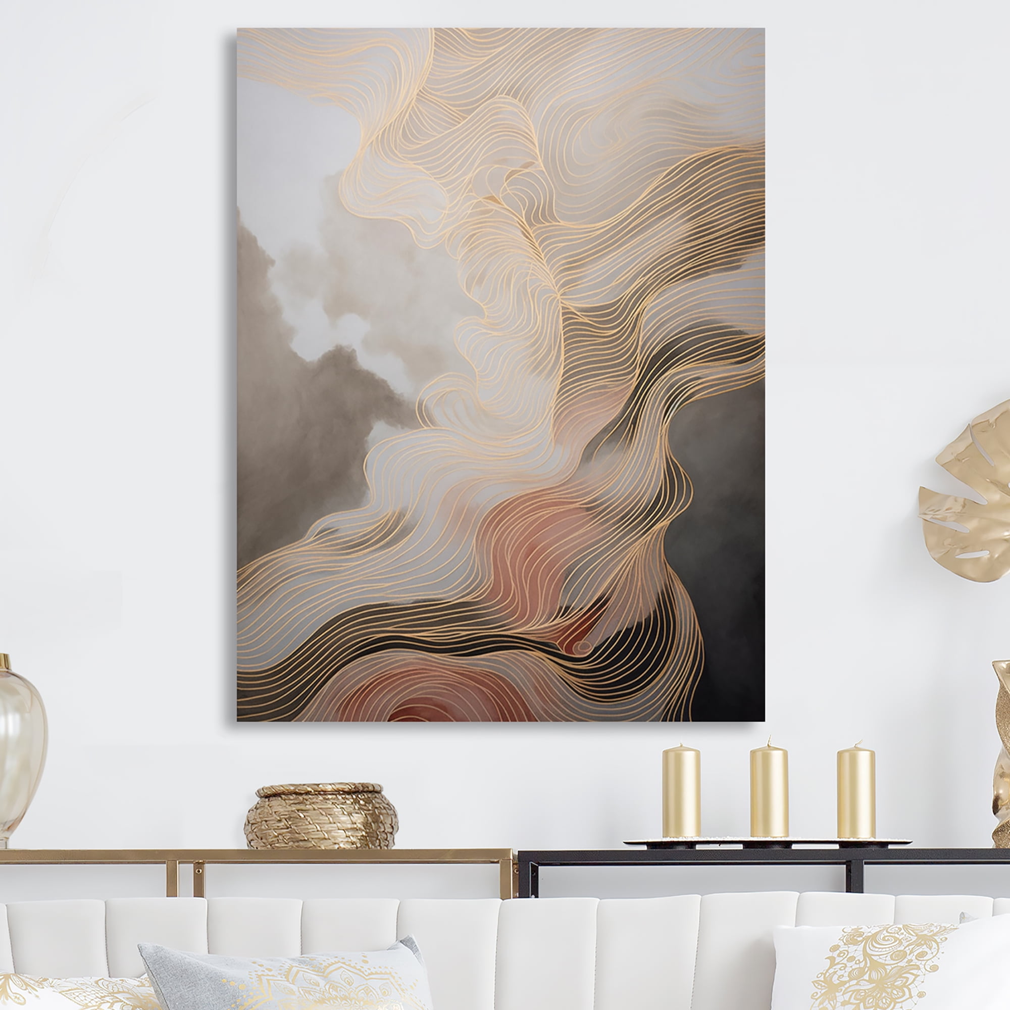 Designart "Linear Expressions in Gold and Grey I" Minimalism Line Art ...