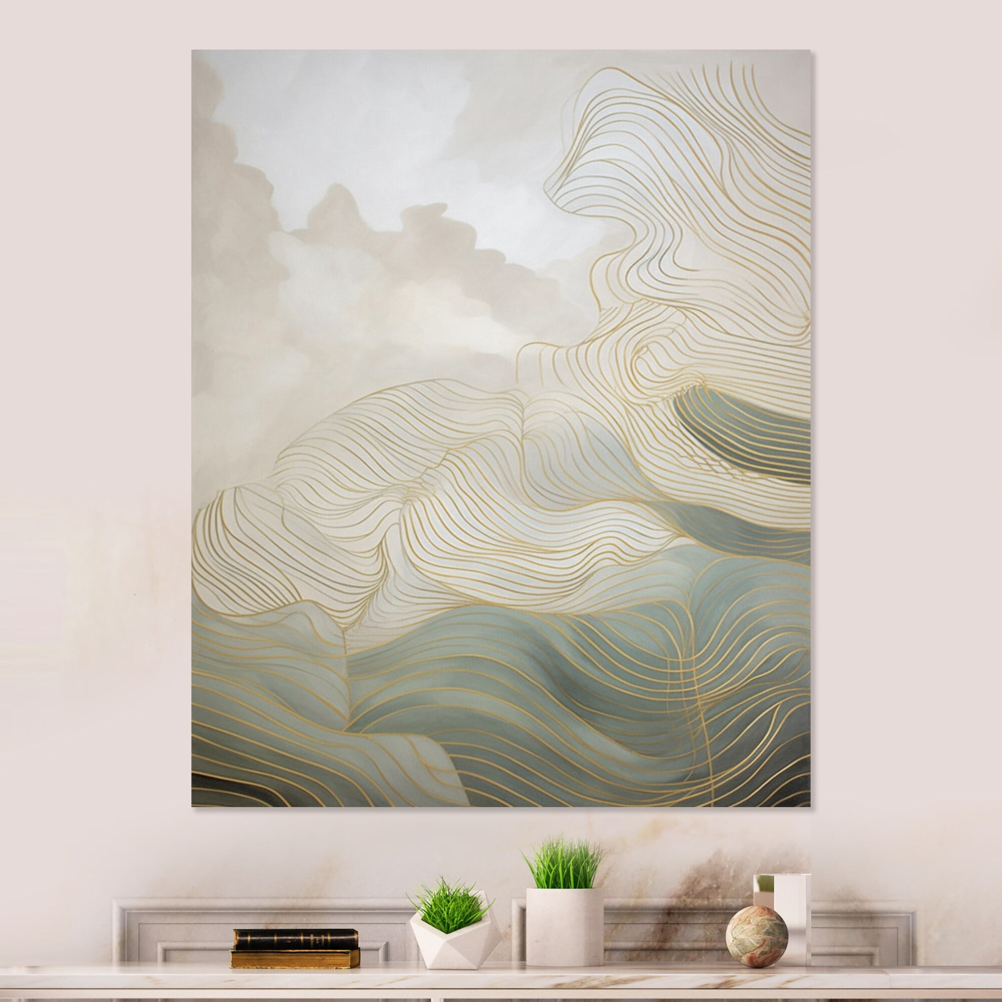 Designart "Linear Expressions in Gold and Grey III" Minimalism Line Art ...