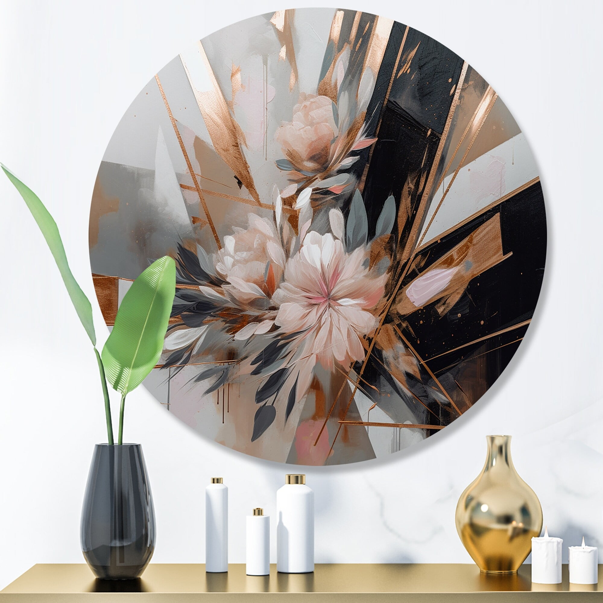 Designart "Linear Floral Elegance Rose Gold II" Floral Metal Round Art ...