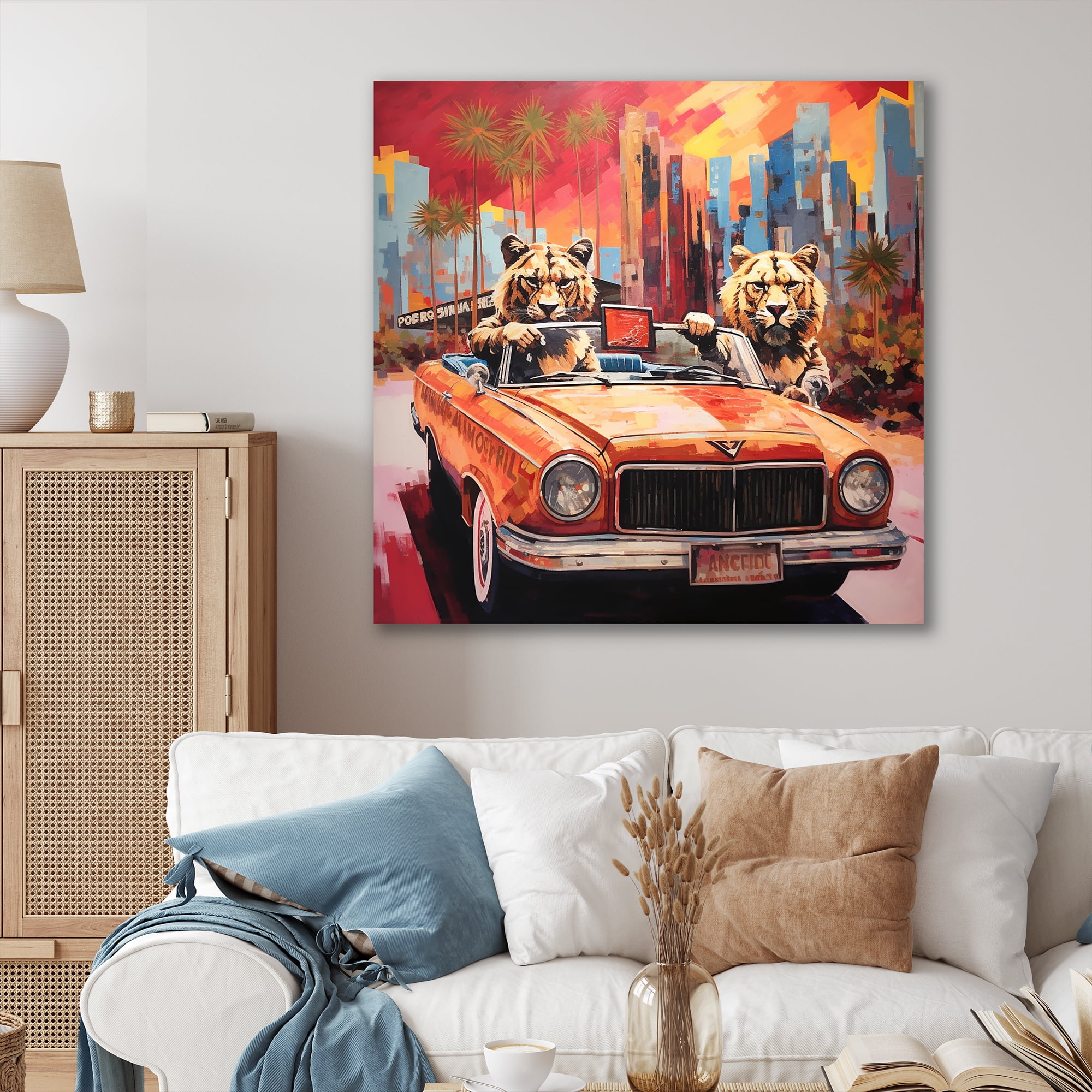 Designart "Lions in a Convertible" Animals Wall Art - Modern Brown Lion ...