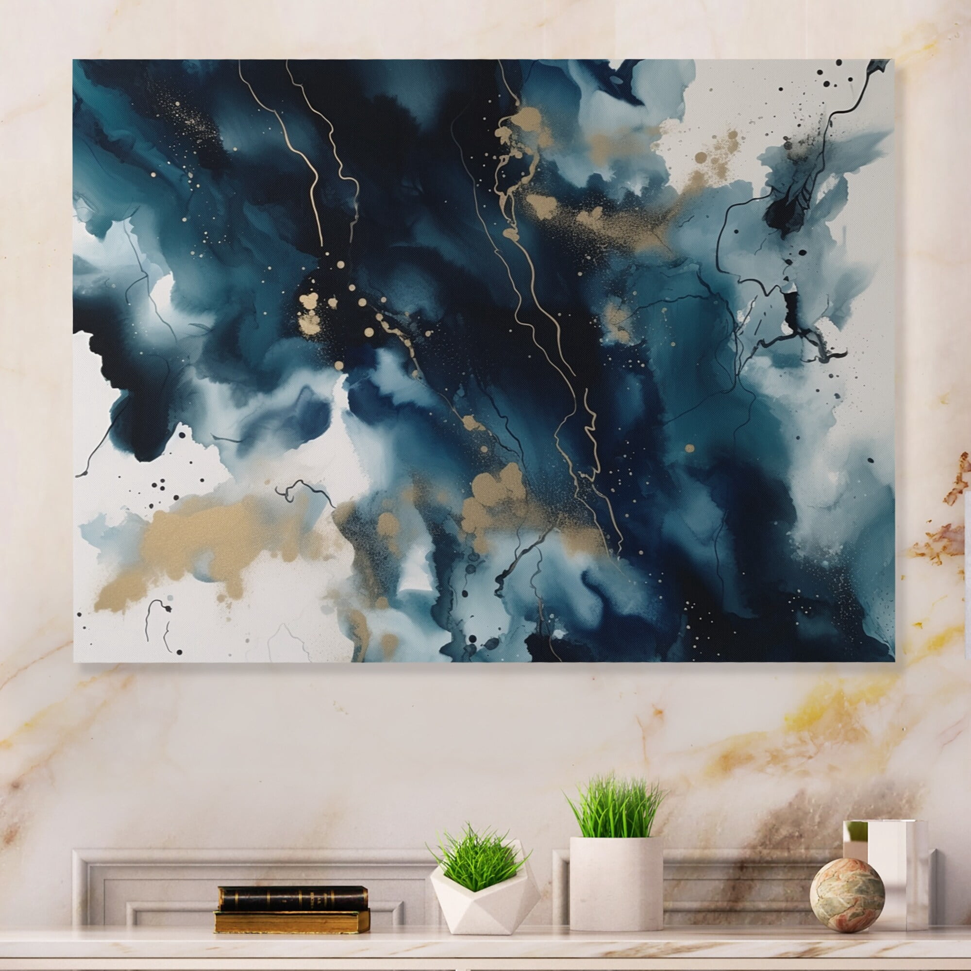 Designart "Liquid Aesthetics Blue and White II" Abstract Liquid Ink ...