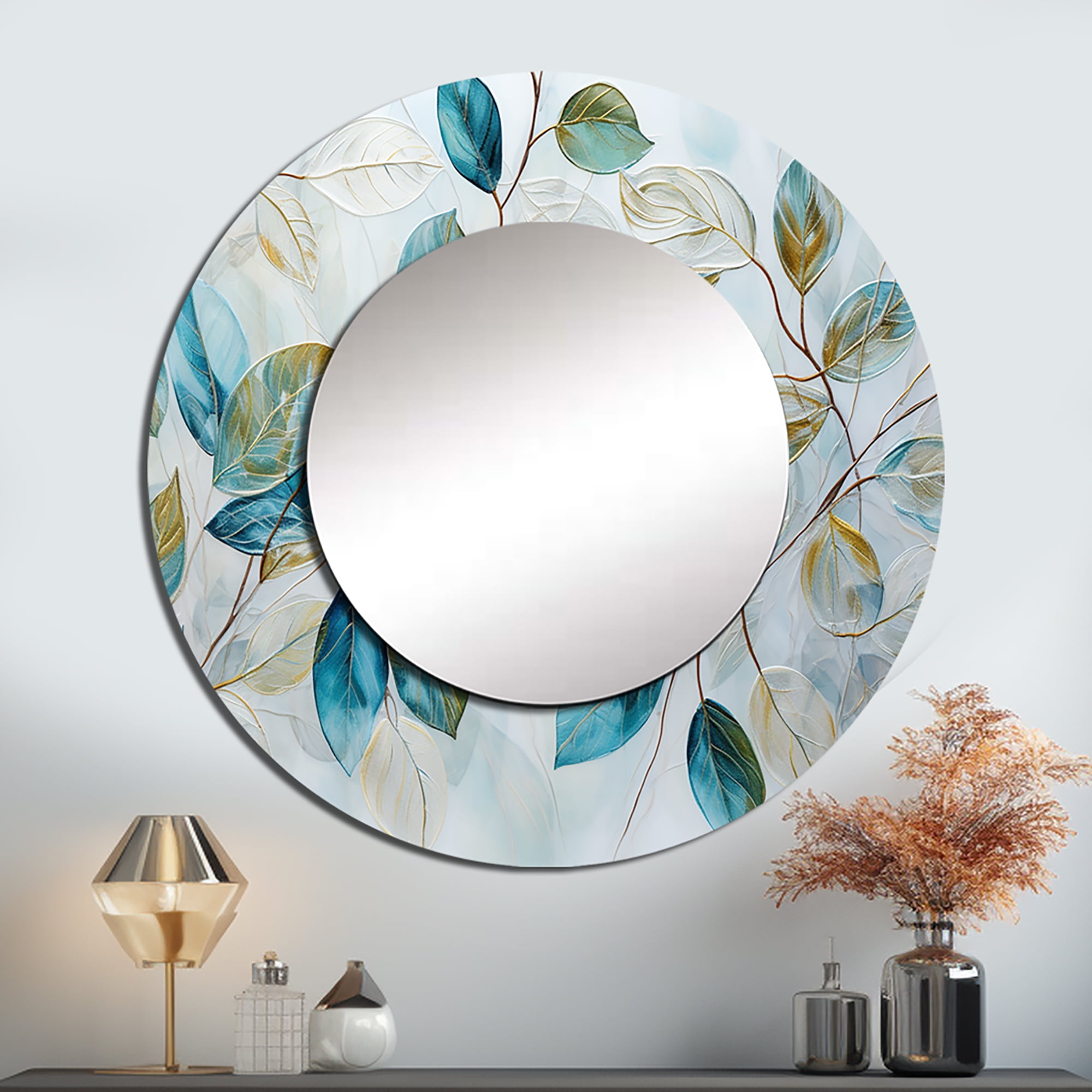 Designart "Liquid Art Charmed By Green Leaves" Leaves Rund Mirror For ...