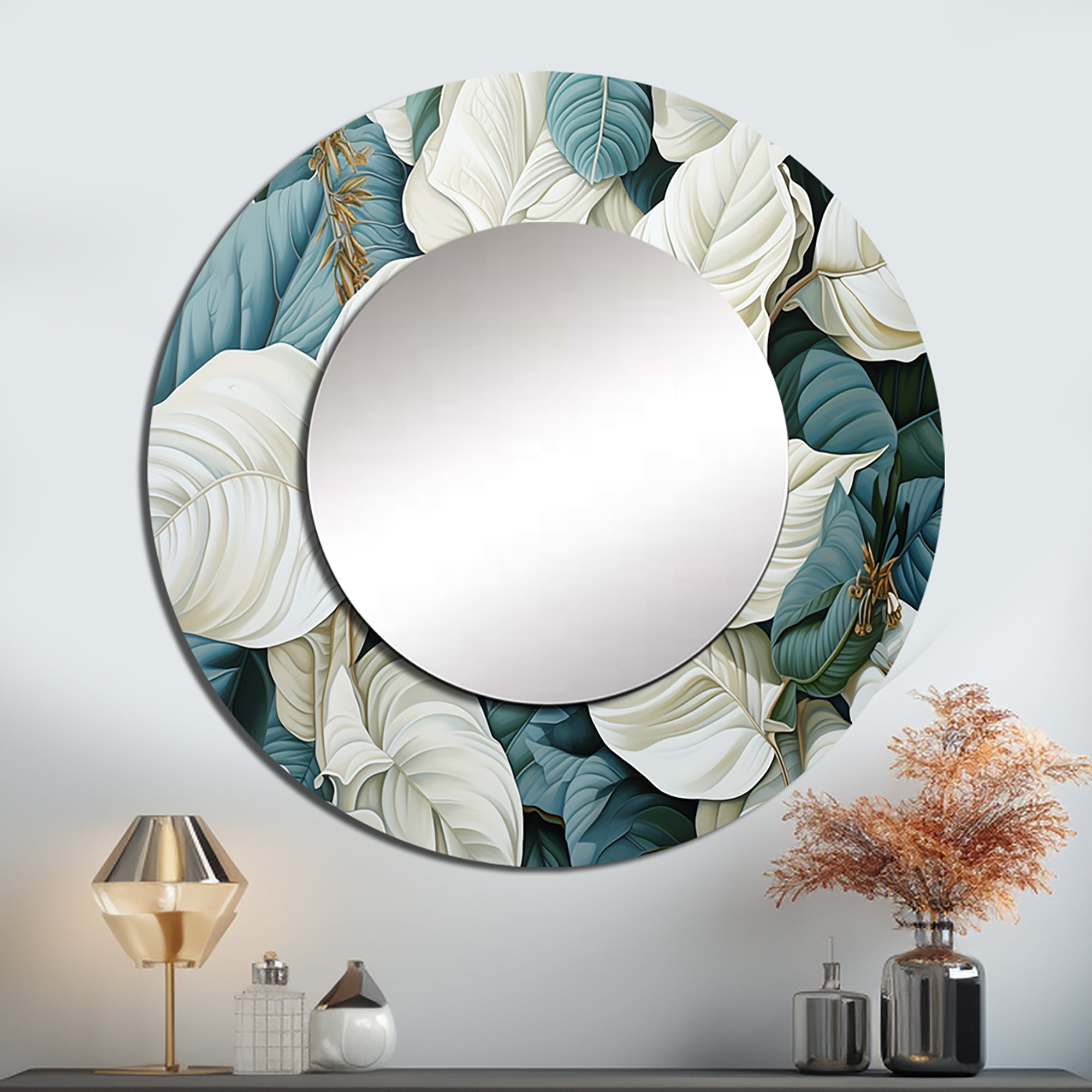 Designart "Liquid Art Charmed By White Leaves" Leaves Round Mirror Wall ...