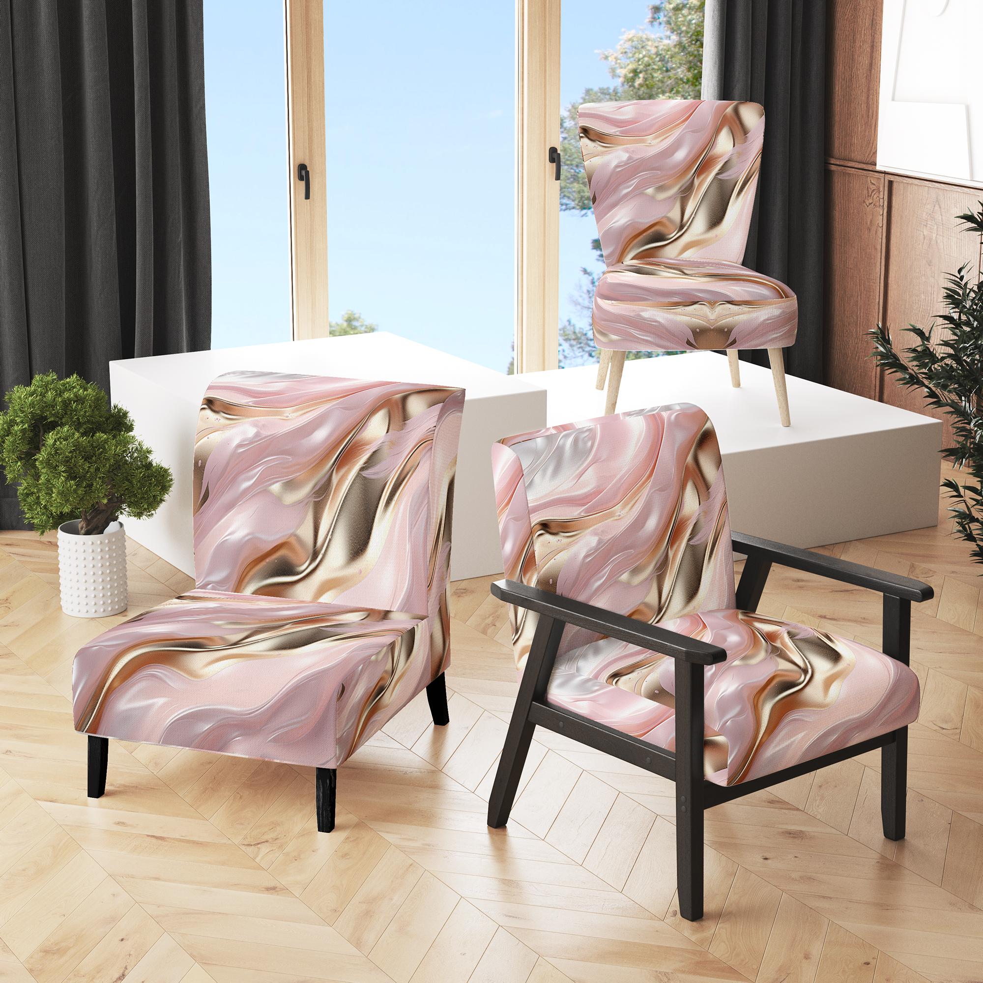 Designart "Liquid Art In Motion In Gold Pink And Blue II" Upholstered ...