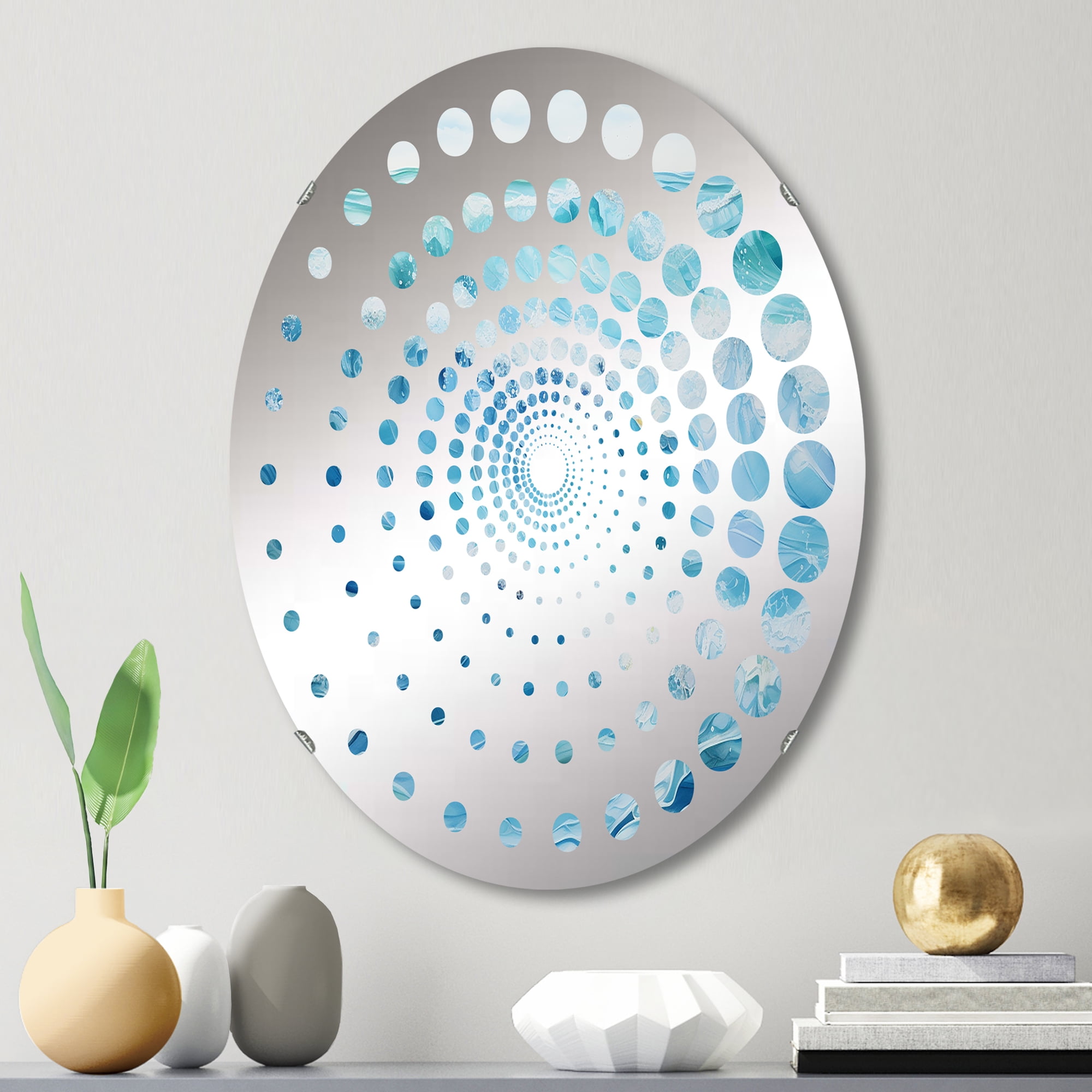 Designart "Liquid Art of Oceanic Charm IV" Ocean Spiral Dot Round Wall Mirror - Coastal Oval ...