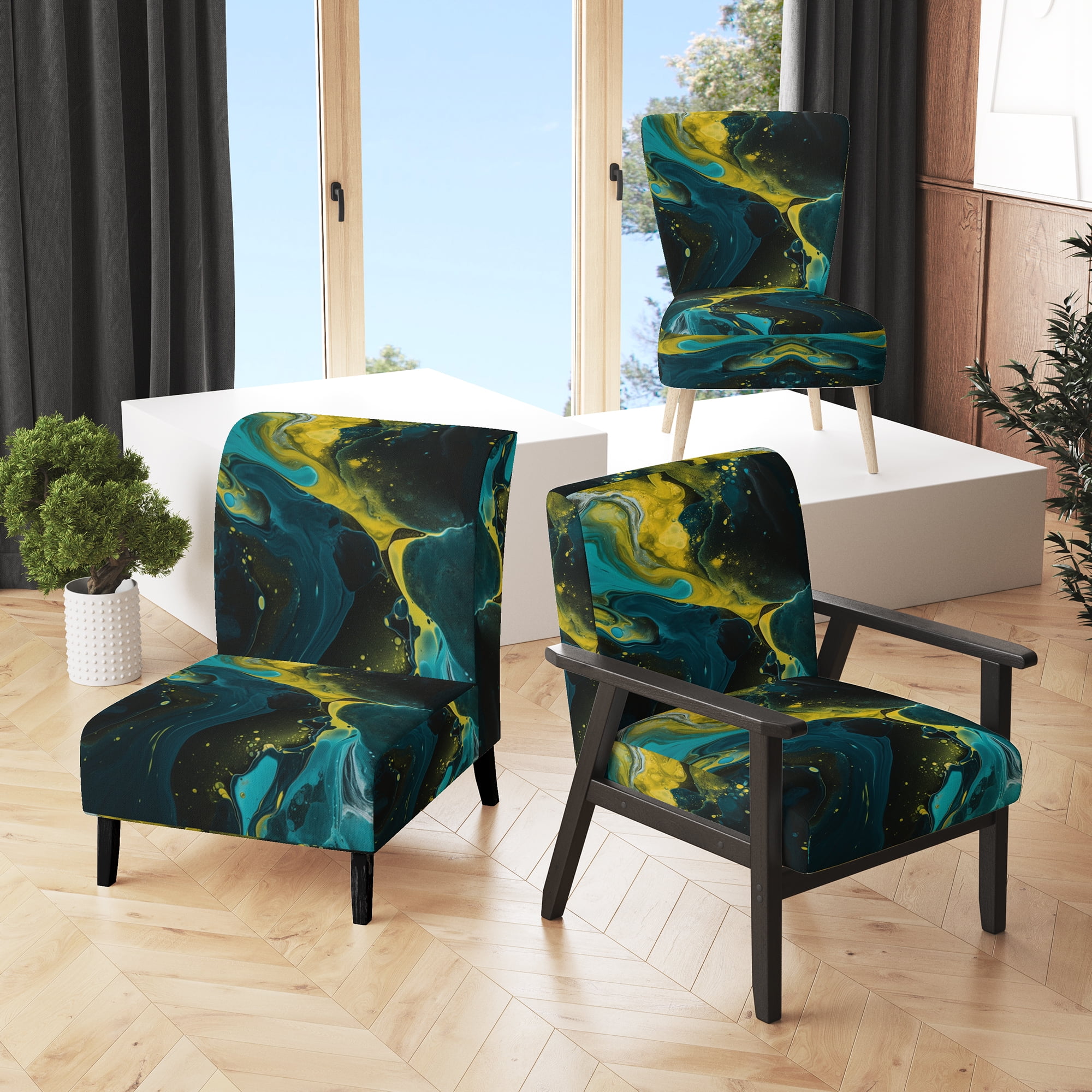 Designart "Liquid Dreams in Teal and Yellow I" Teal Liquid Upholstered ...