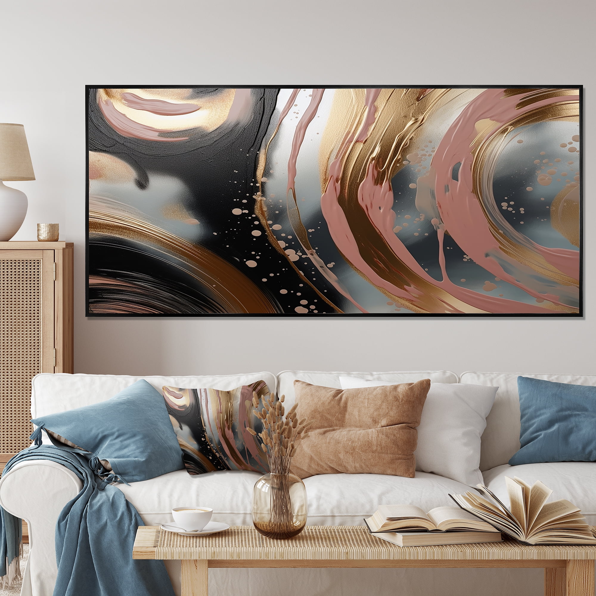 Designart "Liquid Ink Circles in Gold and Pink Abstract I" Extra Large ...