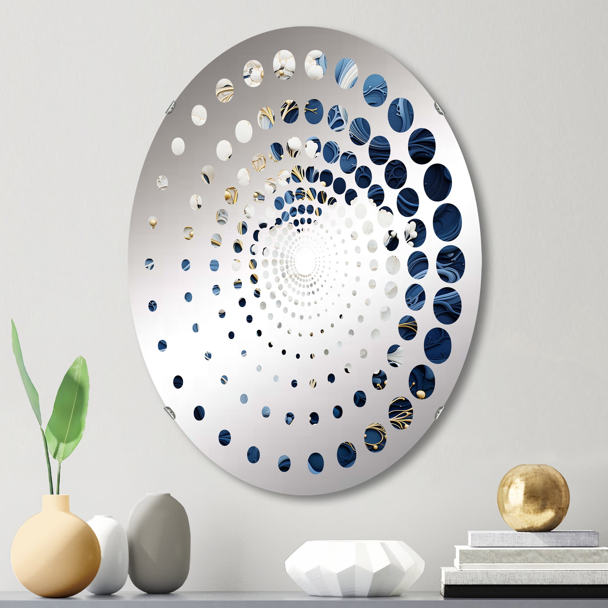 Designart "Liquid Ink VORTEX III" Abstract Spiral Dot Round Wall Mirror ...