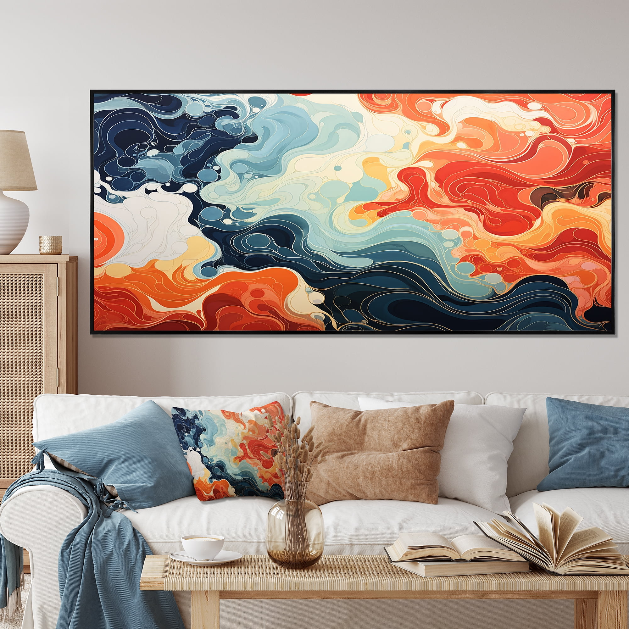 Designart "Liquid Ink Waves Blue and Orange Fusion III" Extra Large ...