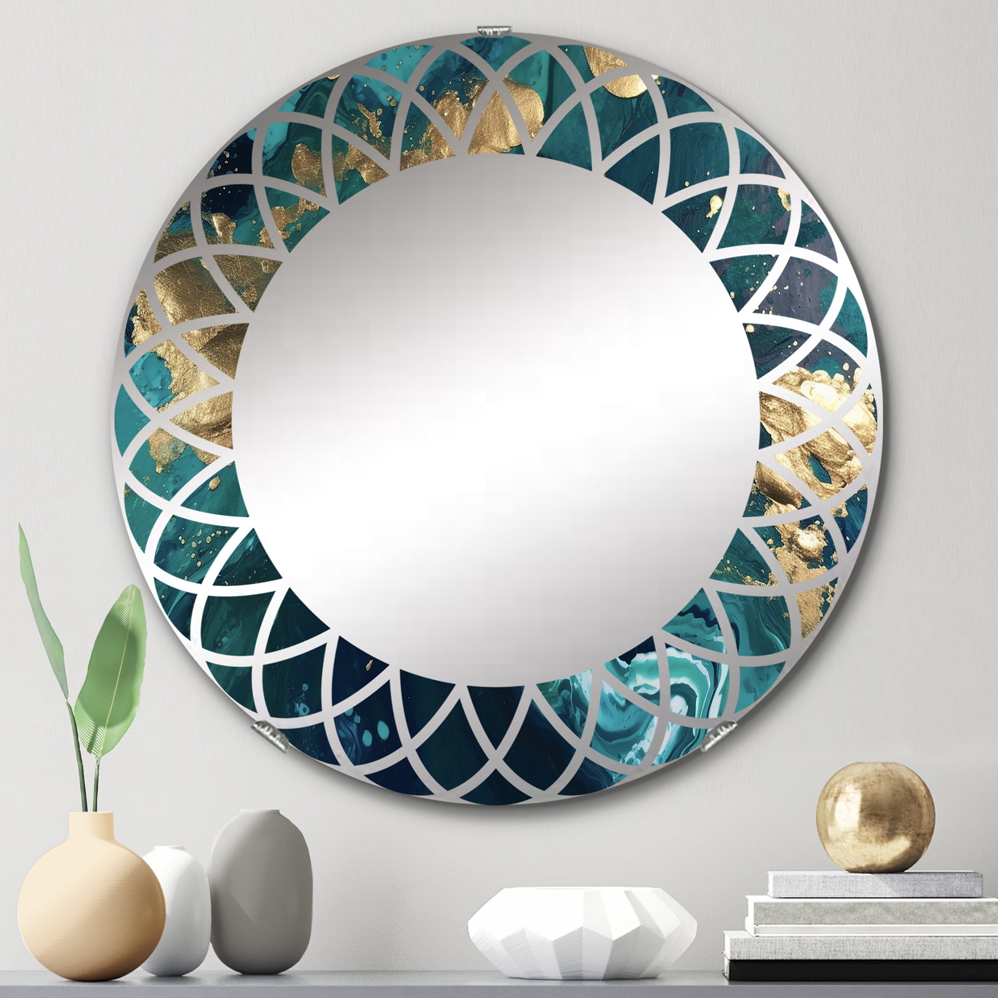 Designart "Liquid Magic in Teal and Gold II" Abstract Round Wall Mirror ...