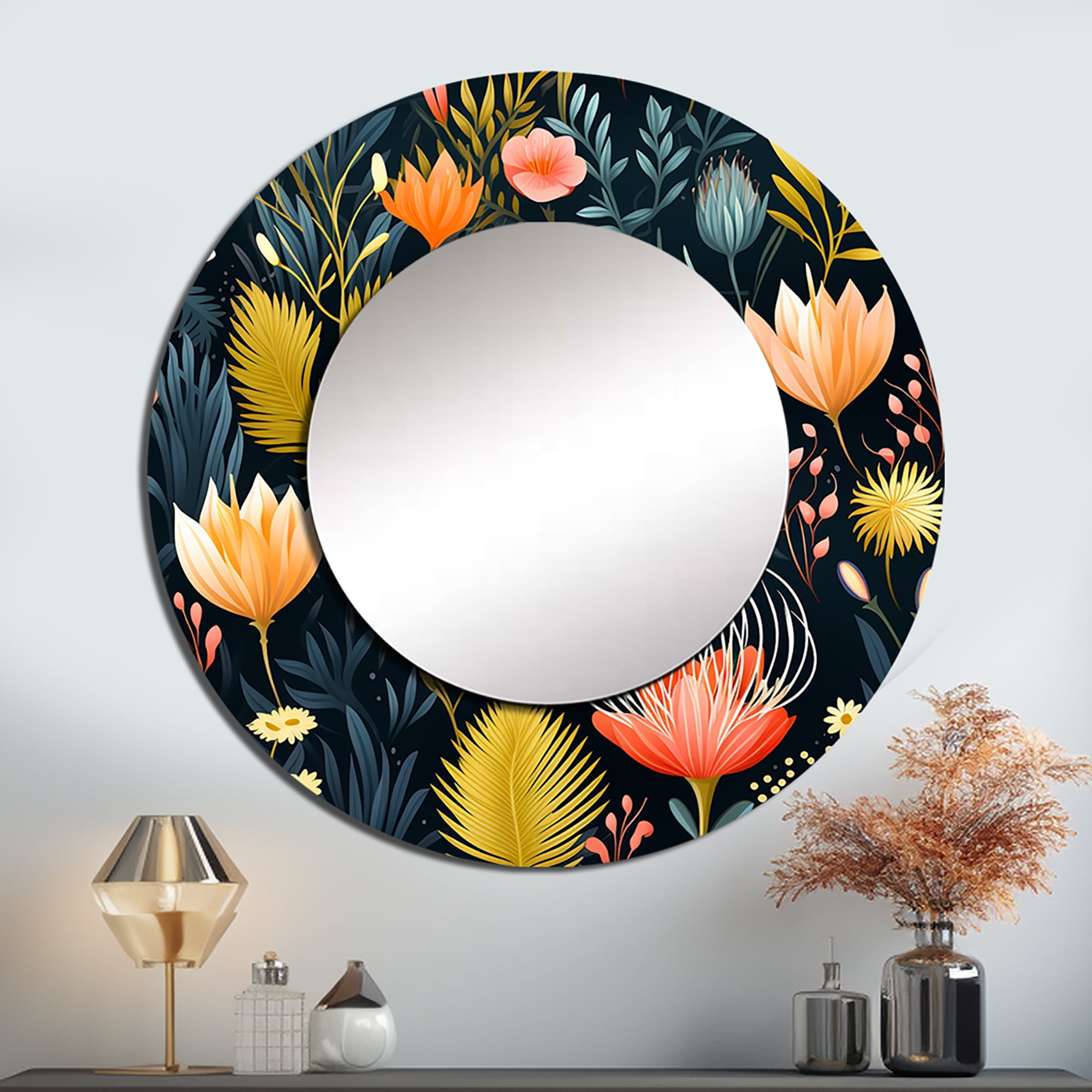 Designart "Lively Coastal Flora" Floral Rund Mirror For Wall Decor ...