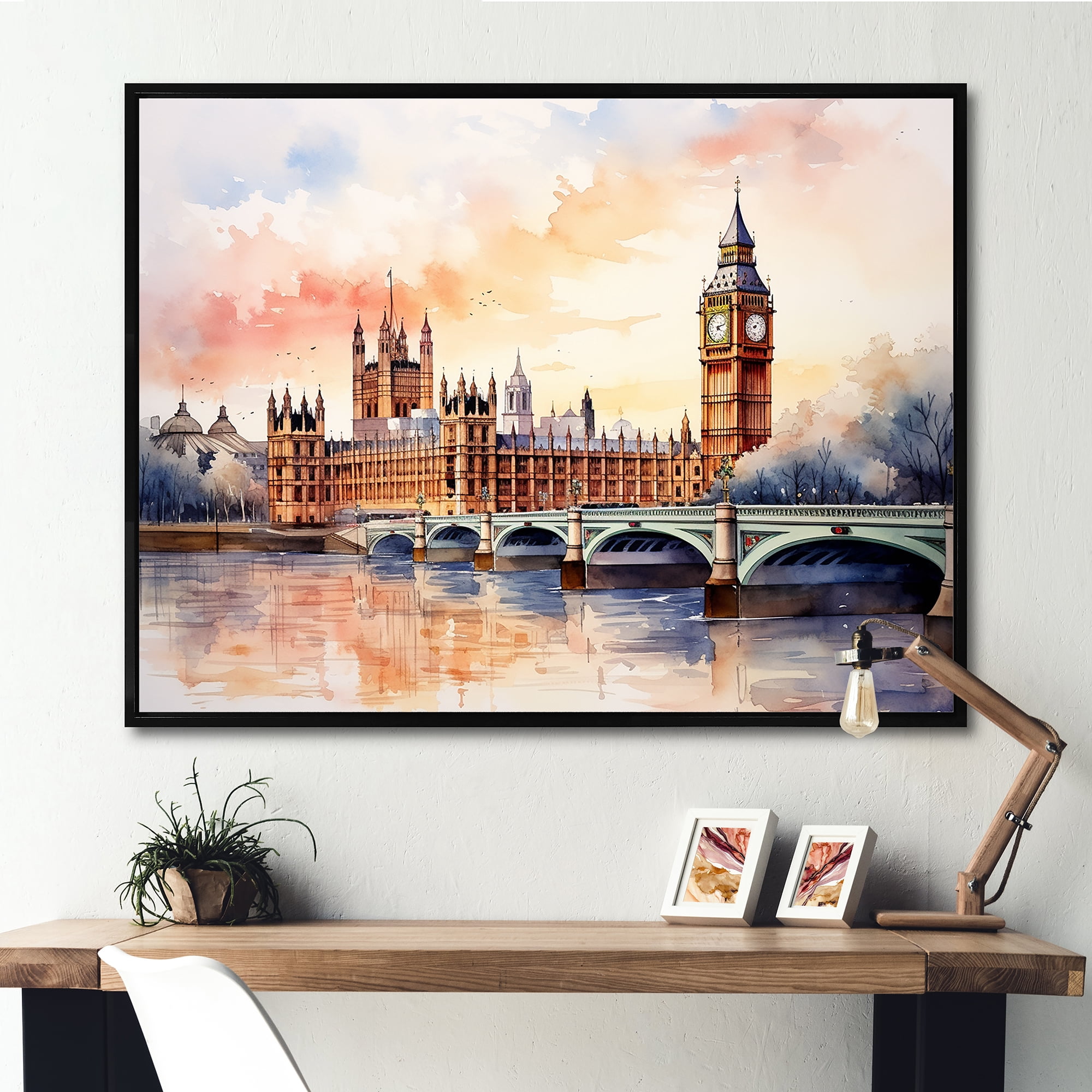 Designart "London Skylines at Sunset Big Ben I" Cityscapes Framed Wall ...