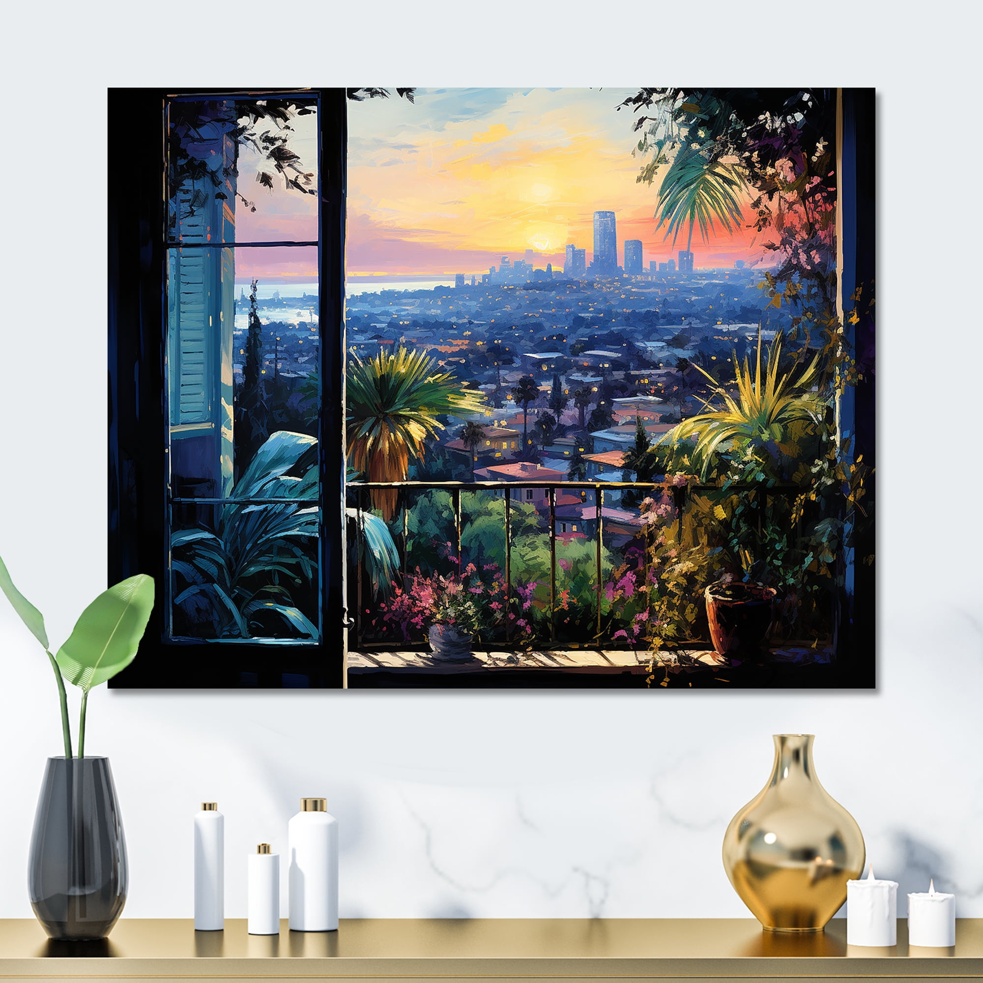 Designart "Los Angeles Window View 4 In Green and Blue"Los Angeles Metal Wall Art Green ...