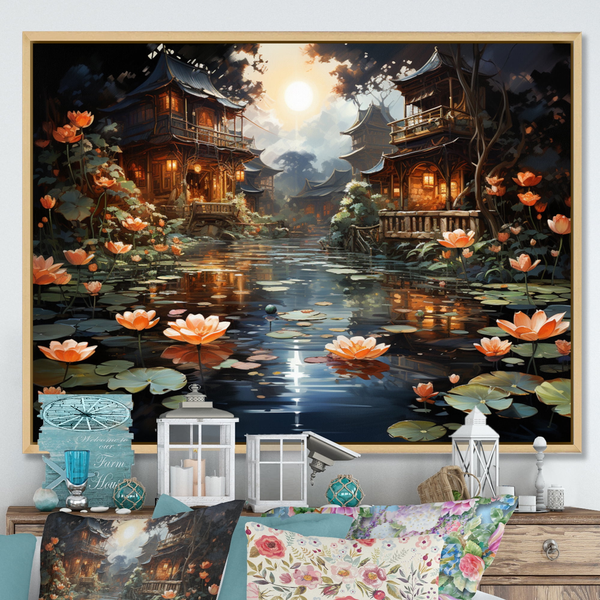 Designart "Lotus Lantern China Art painting II" Chinese Floater Framed ...