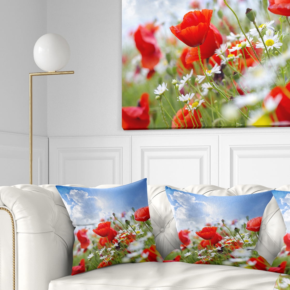 Designart Lovely Red Poppies on Sky Background - Floral Throw Pillow ...