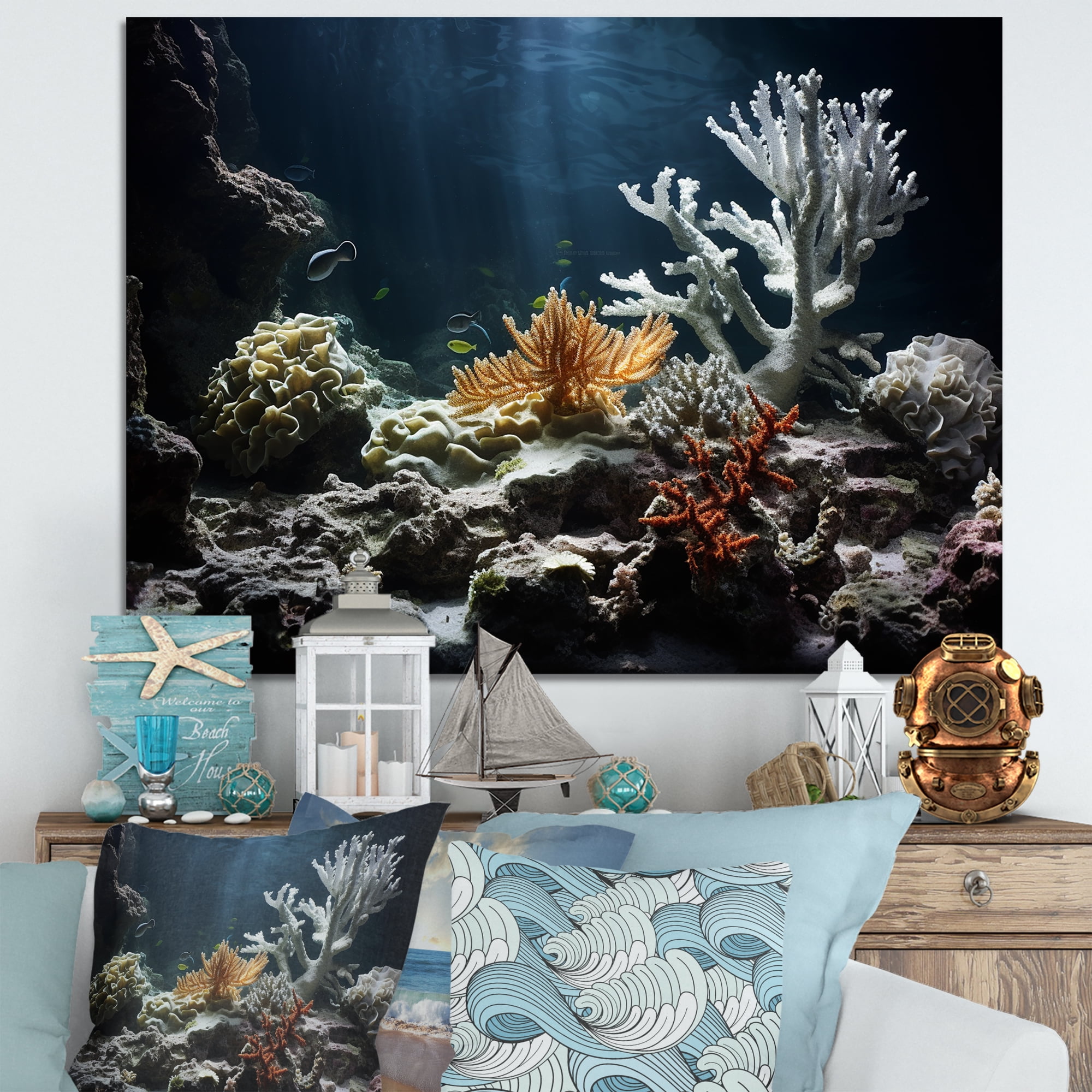 Designart "Luminous Depths Of Hidden Coral Treasures III" Coastal Coral ...