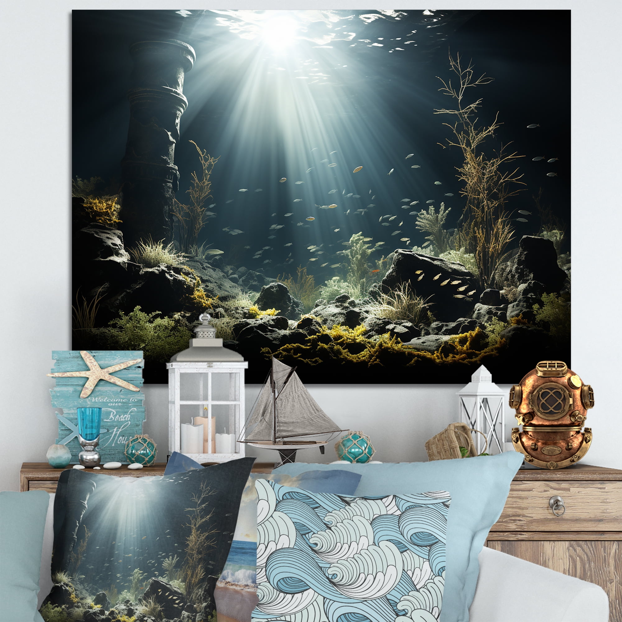 Designart "Luminous Depths Of Hidden Coral Treasures IV" Coastal Coral ...