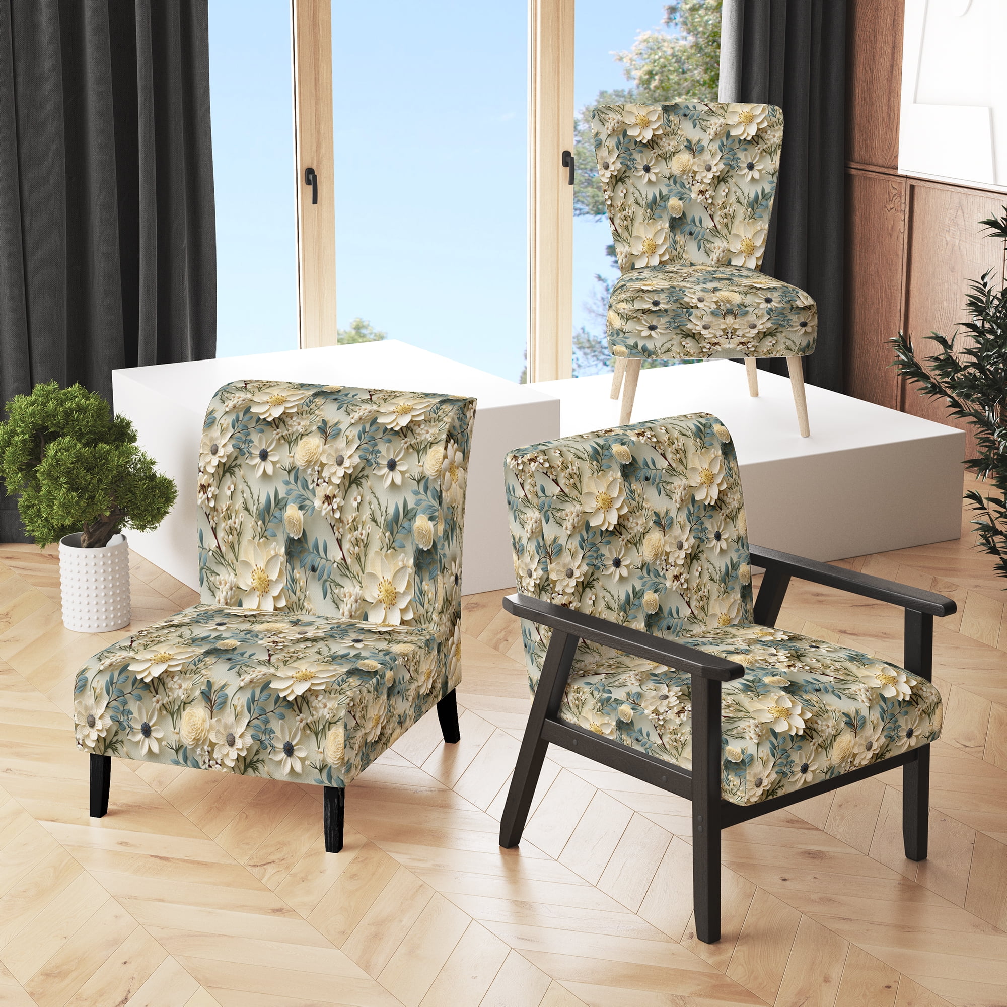 Designart "Luminous Lace Floral Design III" White Floral Upholstered Accent Chair - Cottage Arm ...