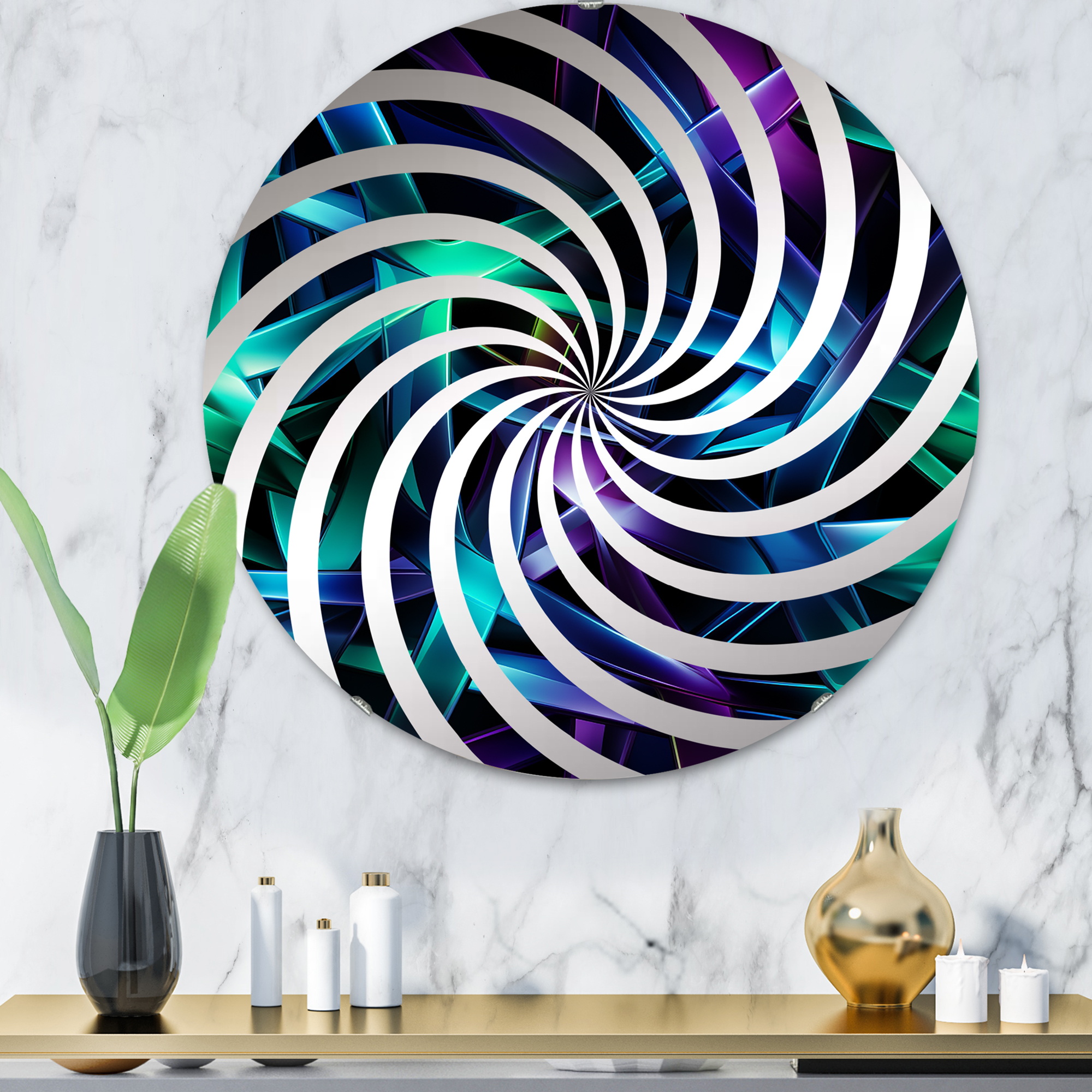 Designart "Luminous Neon Silhouette in Pop Art Style I" Geometric Vortex Round Wall Mirror ...