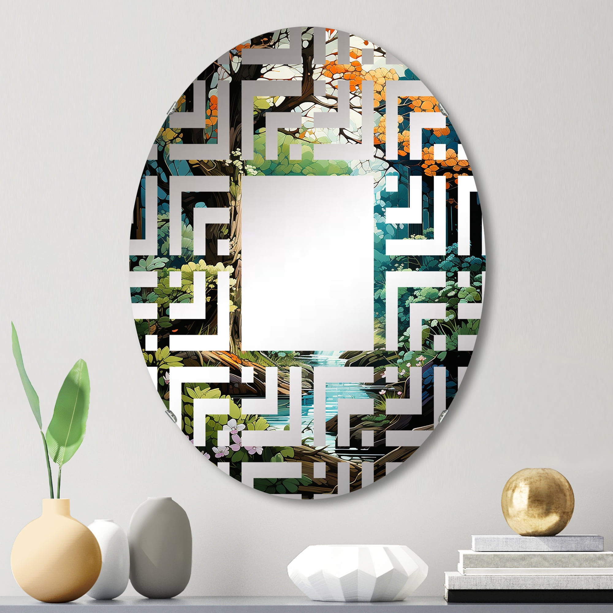 Designart "Lush Green Oak Allure" Tree Oak Maze Round Wall Mirror ...