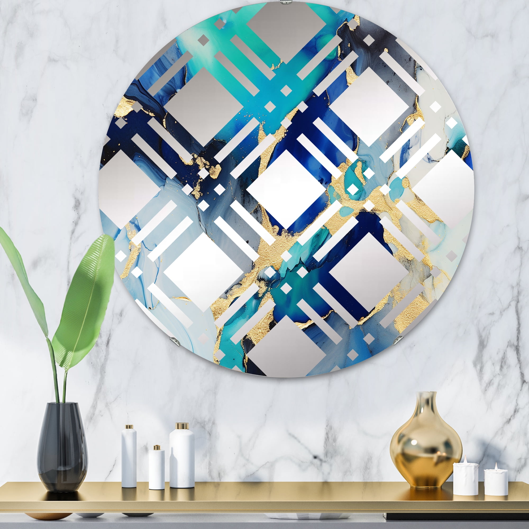 Designart "Luxurious Blue and Gold Abstract Fluid Art X" Fractals Plaid ...