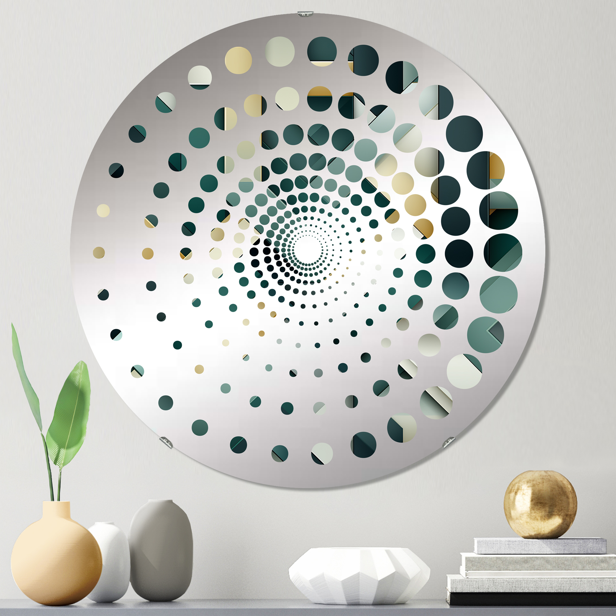 Designart "Luxurious Green and Gold Geometry" Geometric Spiral Dot ...