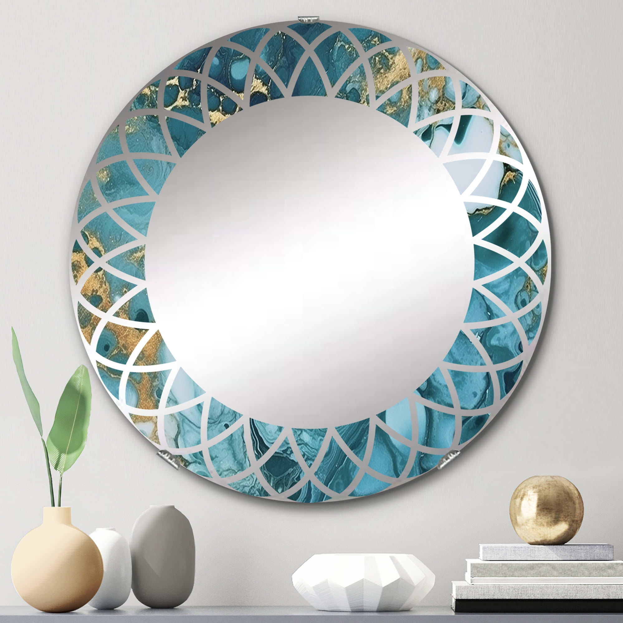 Designart "Luxury Abstract Fluid Art in Turquoise V" Abstract Round ...