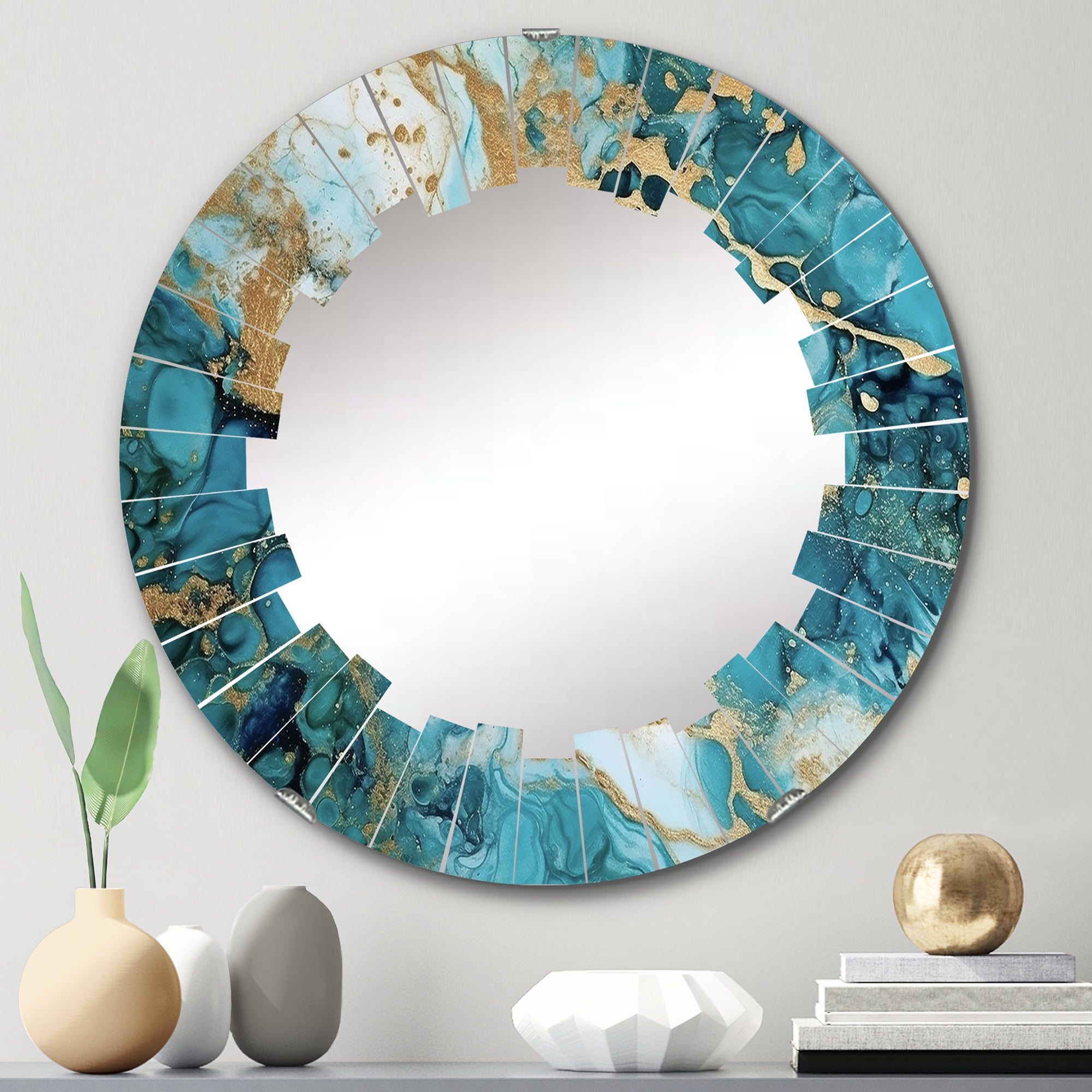 Designart "Luxury Abstract Fluid Art in Turquoise VI" Abstract Round ...