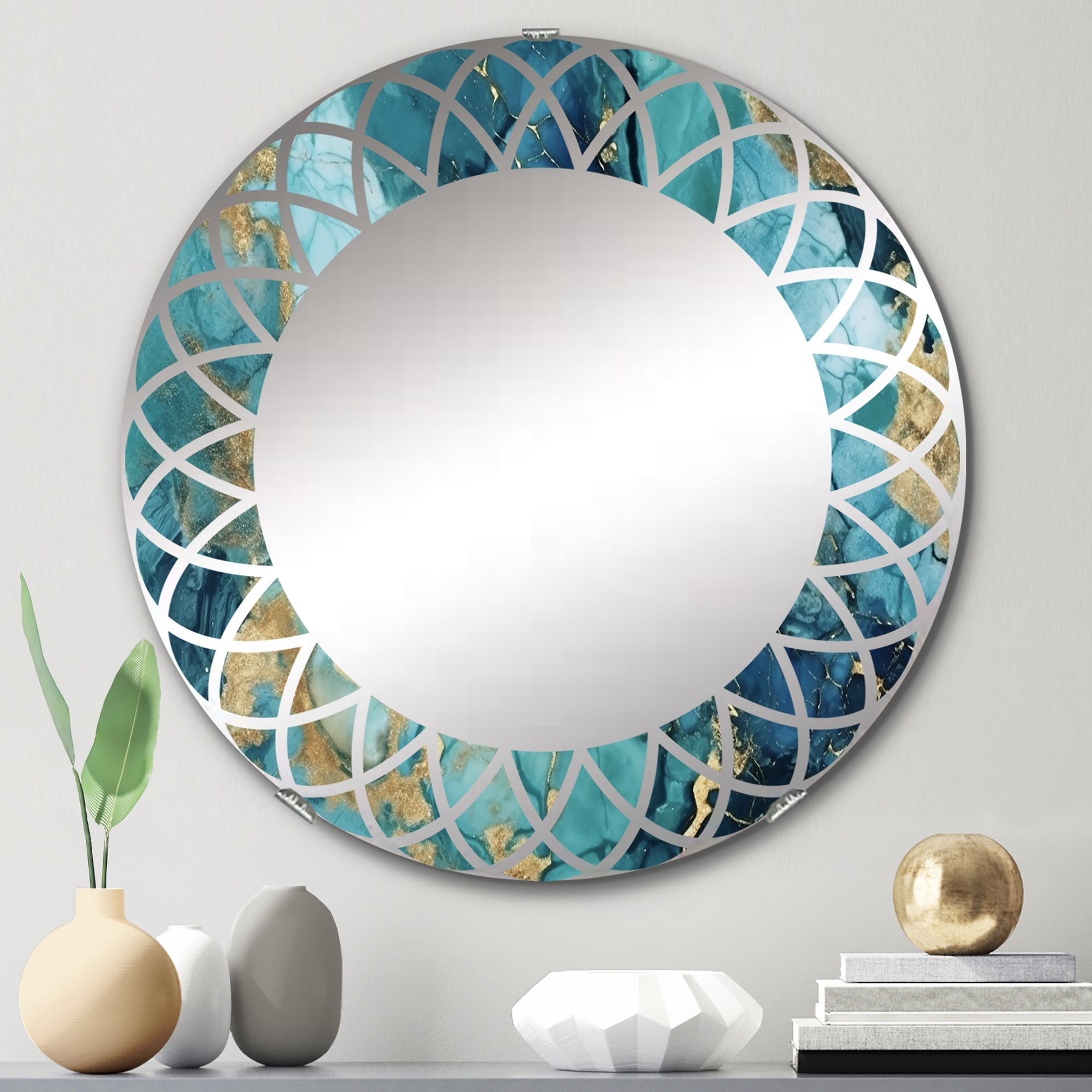 Designart "Luxury Abstract Fluid Art in Turquoise VII" Abstract Round ...