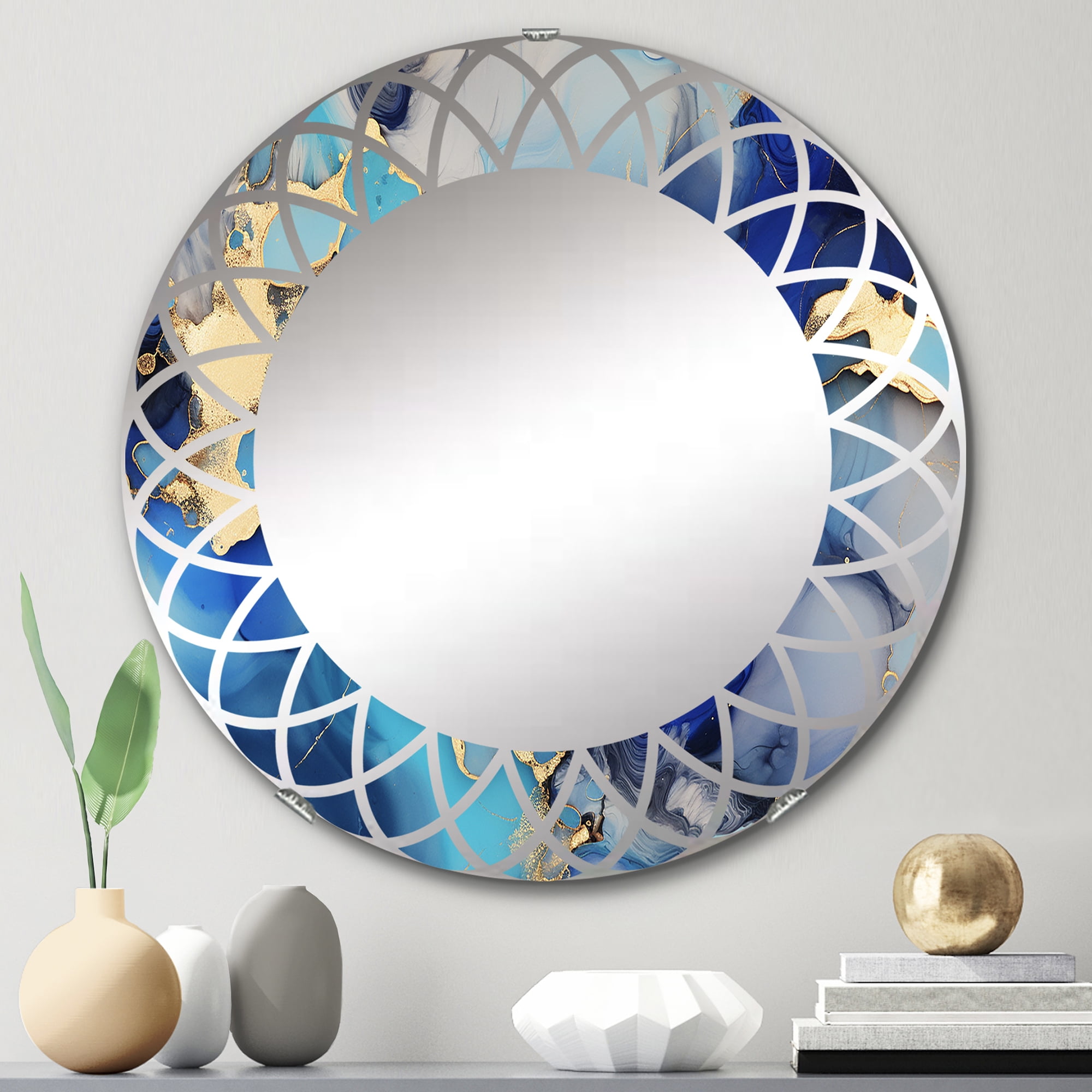 Designart "Luxury Blue and Gold Abstract Fluid Art I" Fractals Round ...