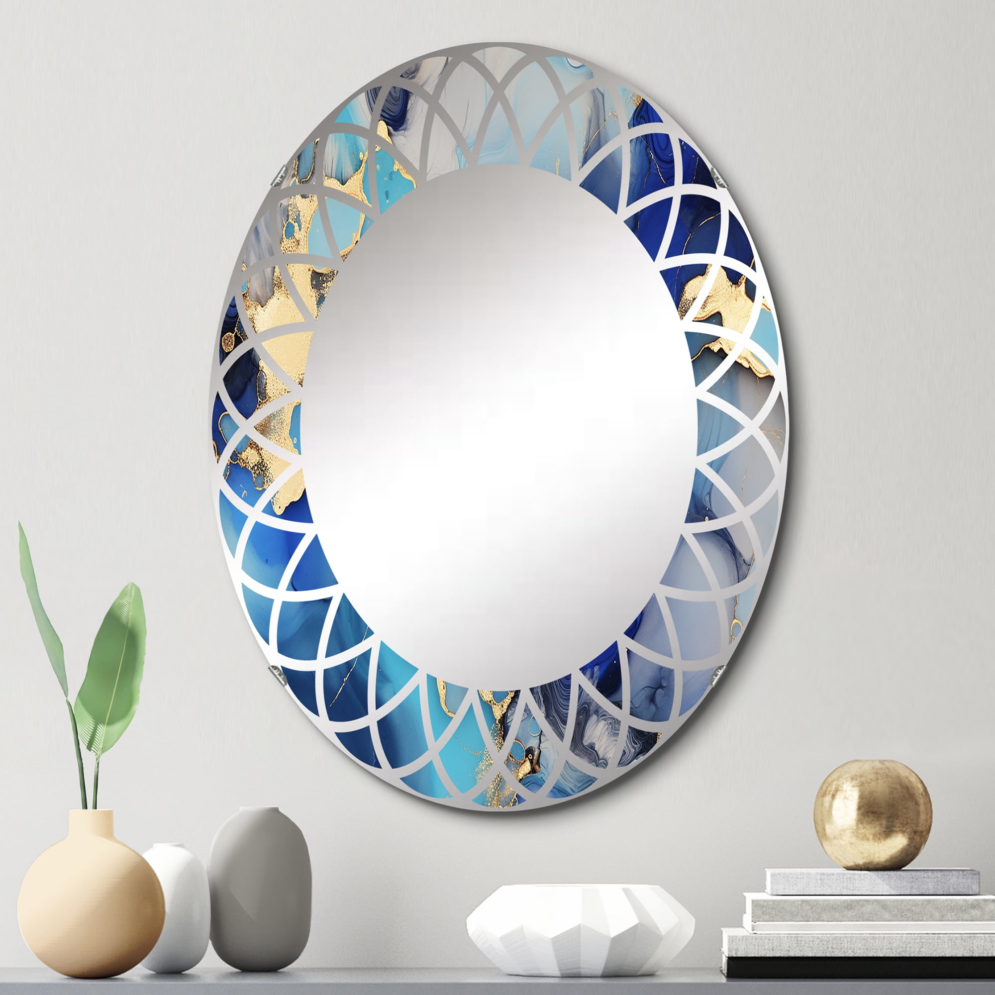 Designart "Luxury Blue and Gold Abstract Fluid Art I" Fractals Round ...