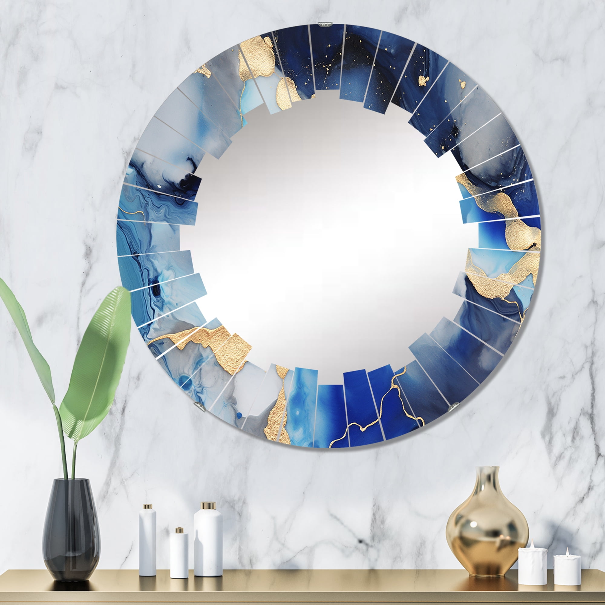 Designart "Luxury Blue and Gold Abstract Fluid Art III" Fractals Round ...